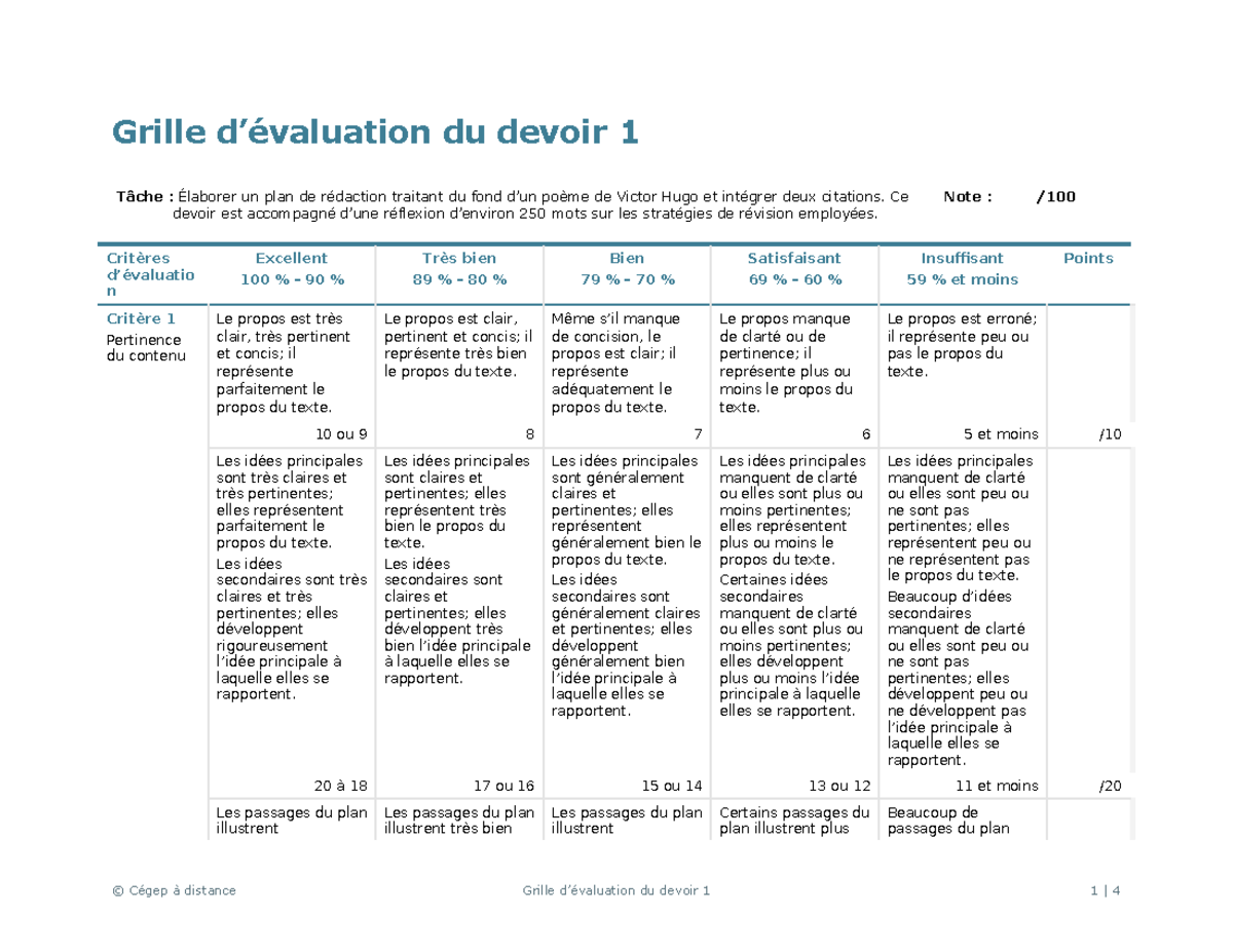Dev 1 grille eval - Grille d’évaluation du devoir 1 Tâche : Élaborer un plan de rédaction ...