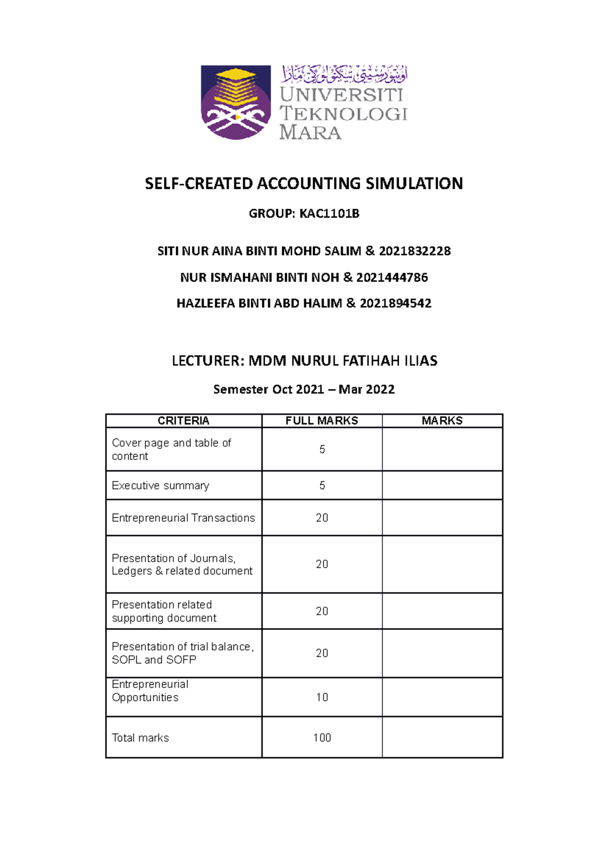 group project financial accounting - SELF-CREATED ACCOUNTING SIMULATION ...