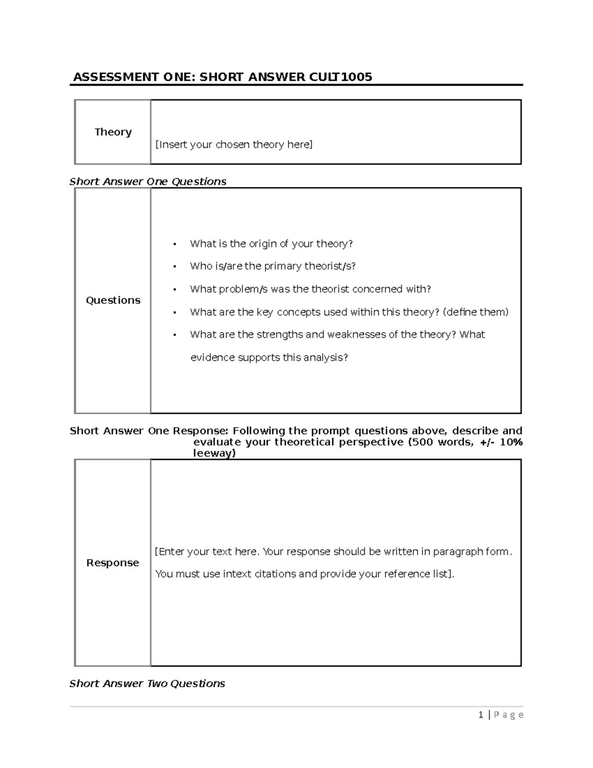 2022 short answer template CULT1005 - ASSESSMENT ONE: SHORT ANSWER CULT ...