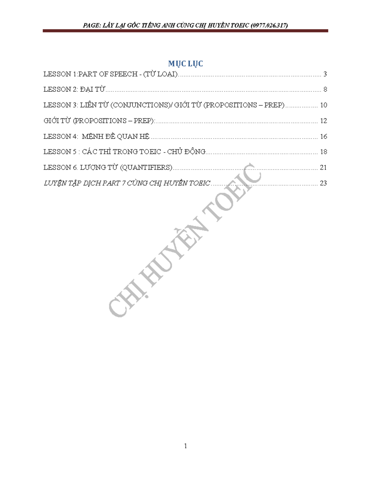GIAO AN Toeic (NGU PHAP) - MỤC LỤC LESSON 1:PART OF SPEECH - (TỪ LOẠI) LESSON 2: ĐẠI TỪ LESSON 3 ...