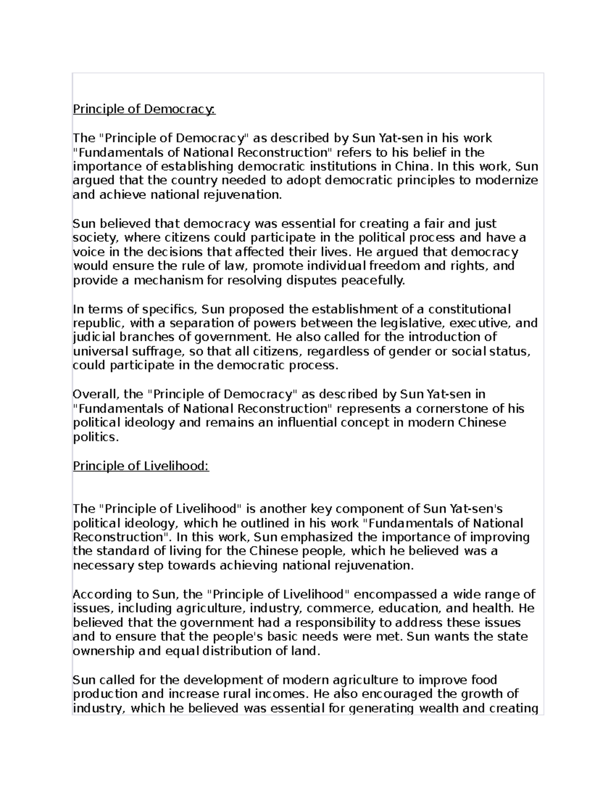 HIS 353 - Sun Yat-sen reading + notes - Principle of Democracy: The ...