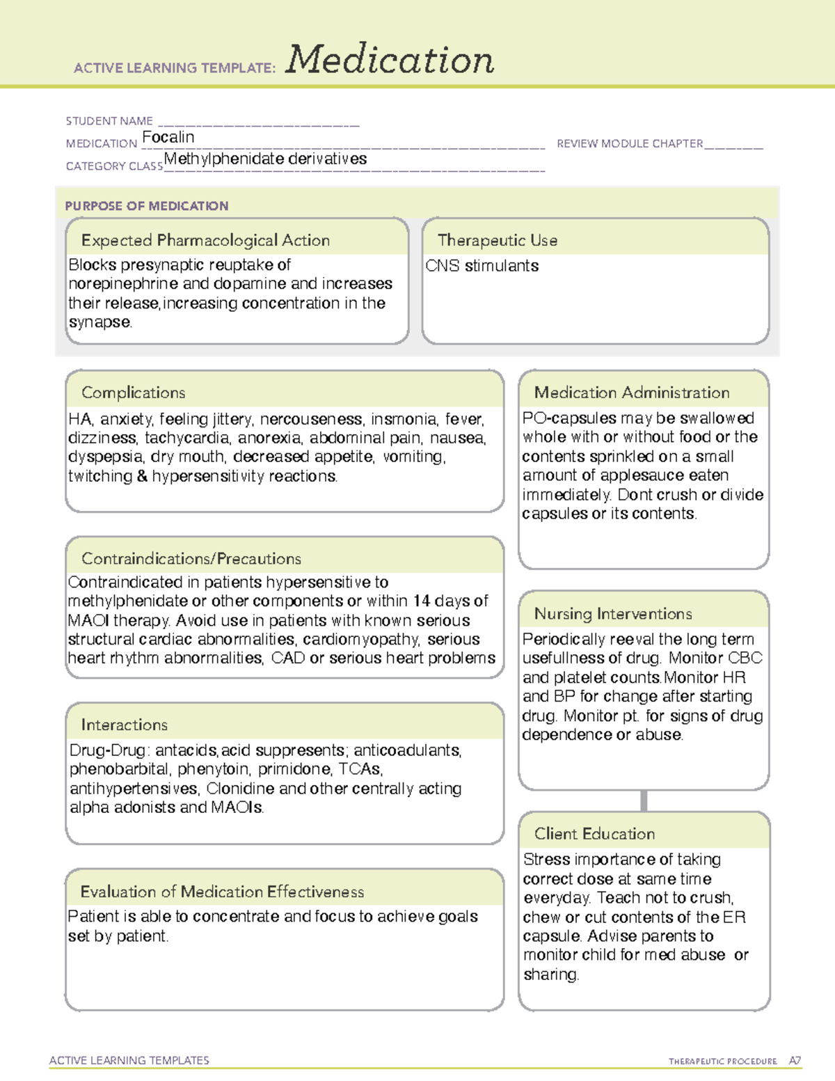 Medicine CARD Sheet- Focalin - ACTIVE LEARNING TEMPLATES THERAPEUTIC ...