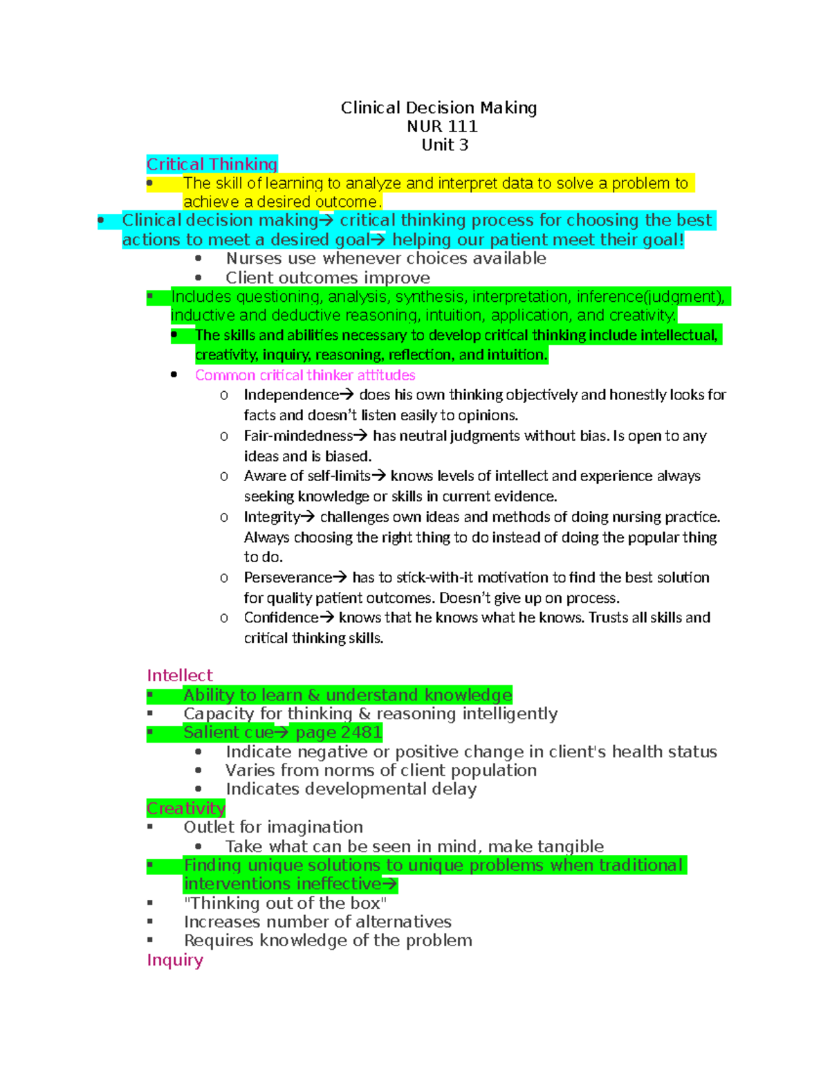 Clinical Decision Making Nursing Process student version - Clinical ...