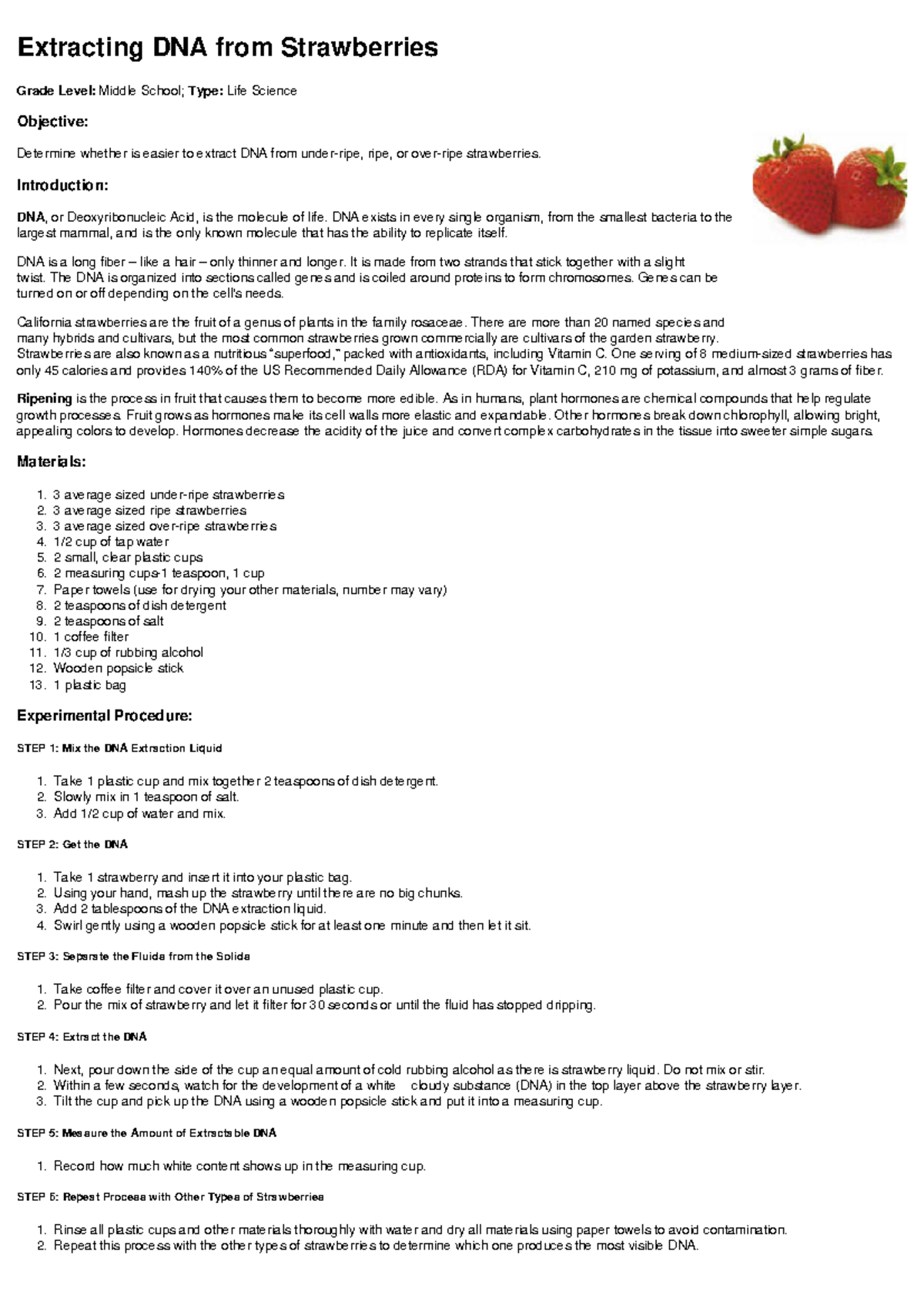 Extract-dna-strawberries - Extracting DNA from Strawberries Grade Level ...