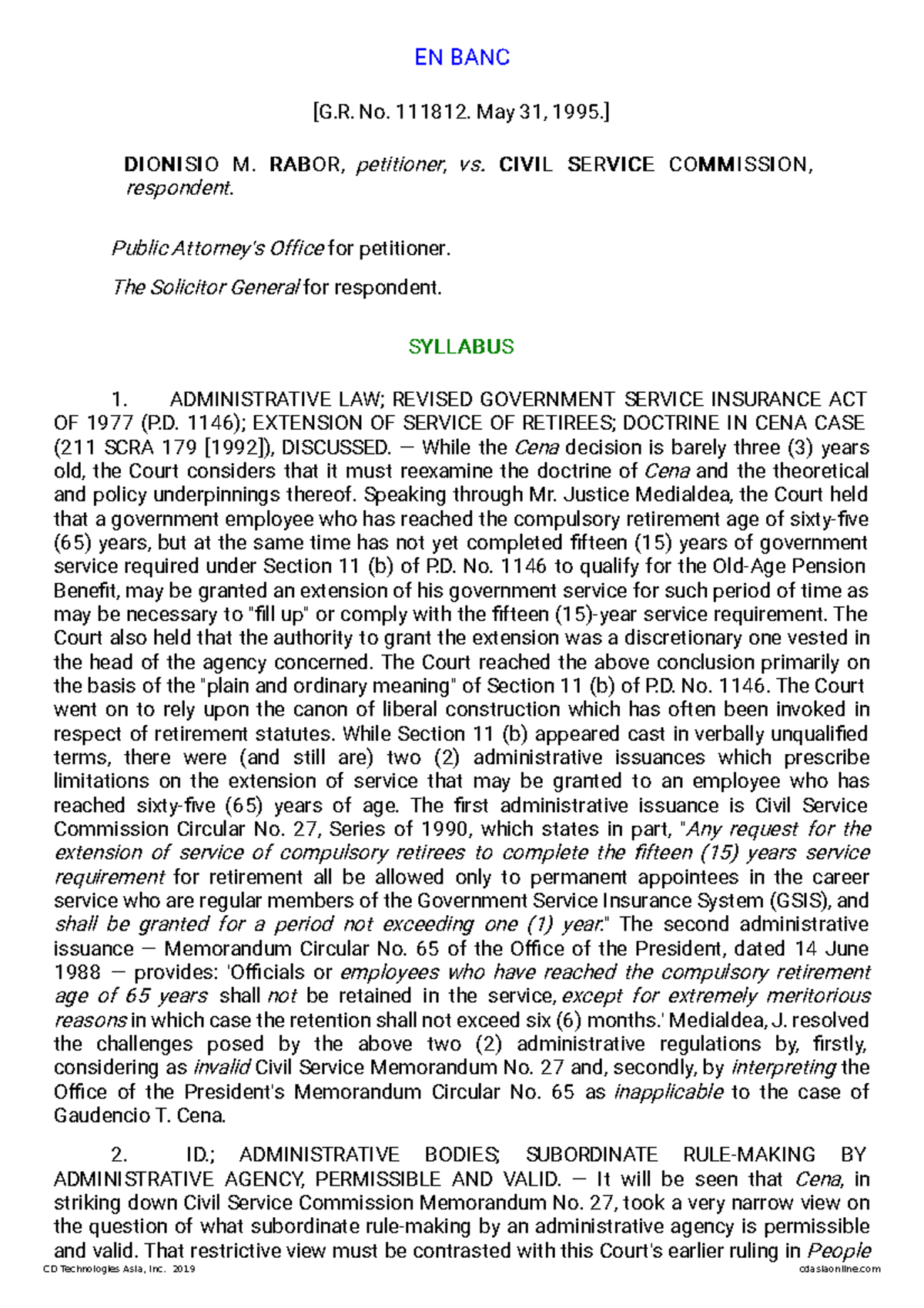 4. Rabor vs. CSC, GR No. 111812, 31 May 1995 - EN BANC [G. No. 111812 ...