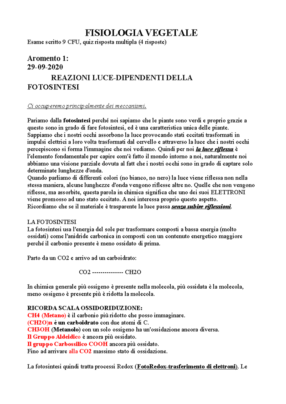 Lezione 1 - appunti - FISIOLOGIA VEGETALE Esame scritto 9 CFU, quiz ...