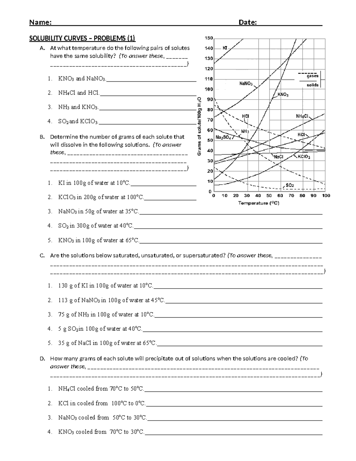 Practice - Solubility Curve Activity (1) 2021 - Name: Date: SOLUBILITY CURVES – PROBLEMS (1) A ...