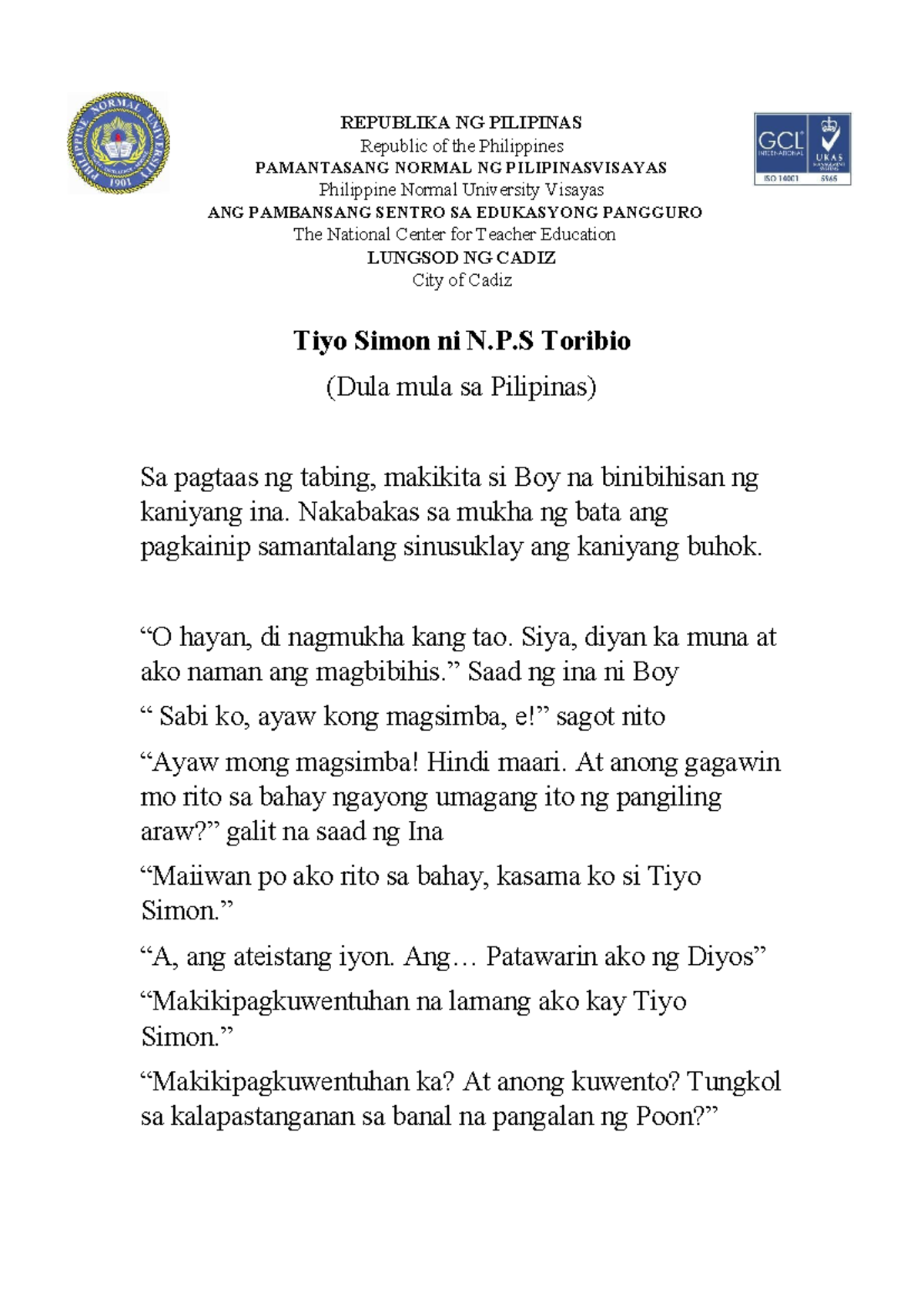 Tiyo Simon - N/A - REPUBLIKA NG PILIPINAS Republic of the Philippines ...
