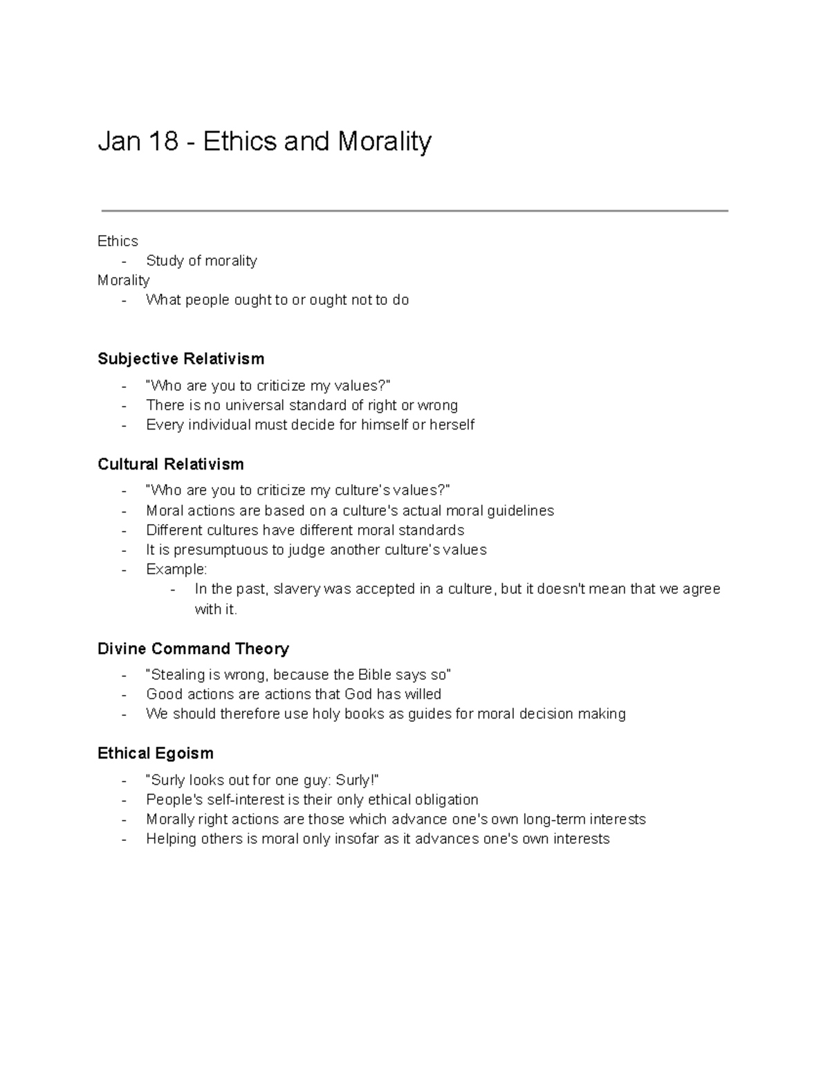 First month Notes - Jan 18 - Ethics and Morality Ethics - Study of ...