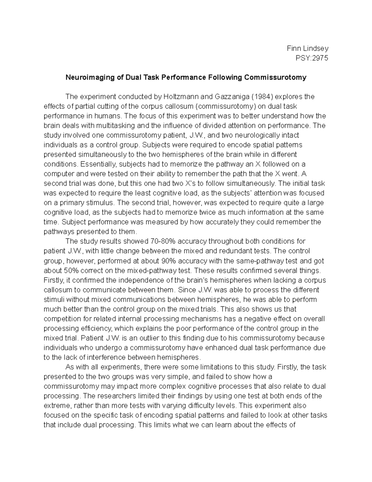 Cog Neuro Paper 2 - Finn Lindsey PSY: Neuroimaging of Dual Task ...