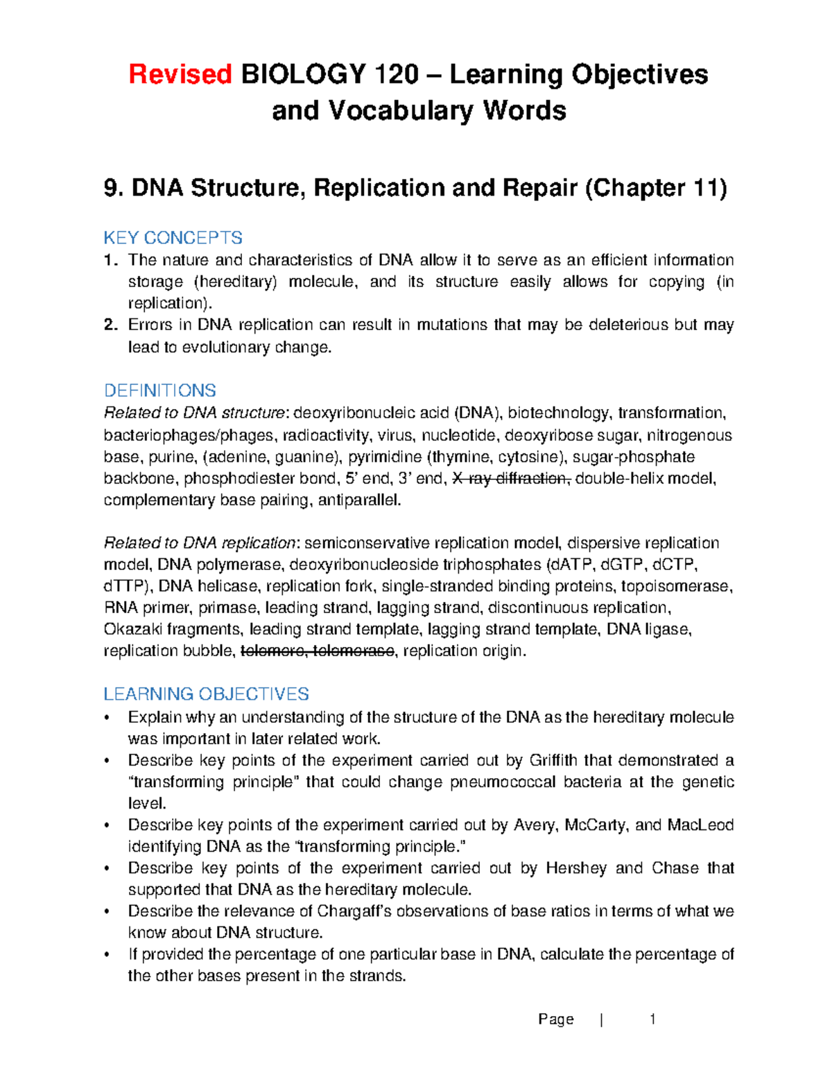 BIOL 120 Learning Objectives and Vocab - Revised BIOLOGY 120 – Learning ...