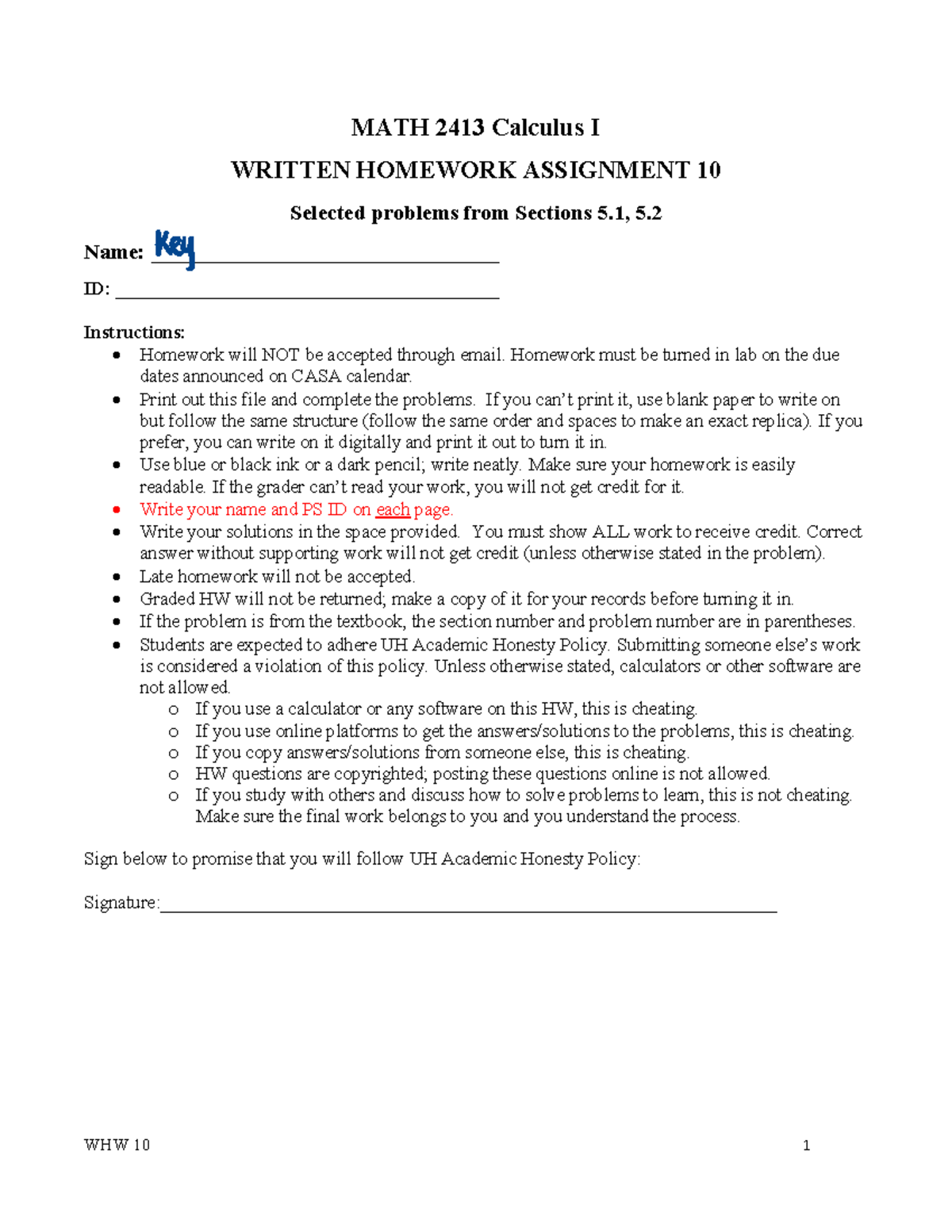 2413 whw10 key - MATH 2413 Calculus I WRITTEN HOMEWORK ASSIGNMENT 10 Selected problems from ...