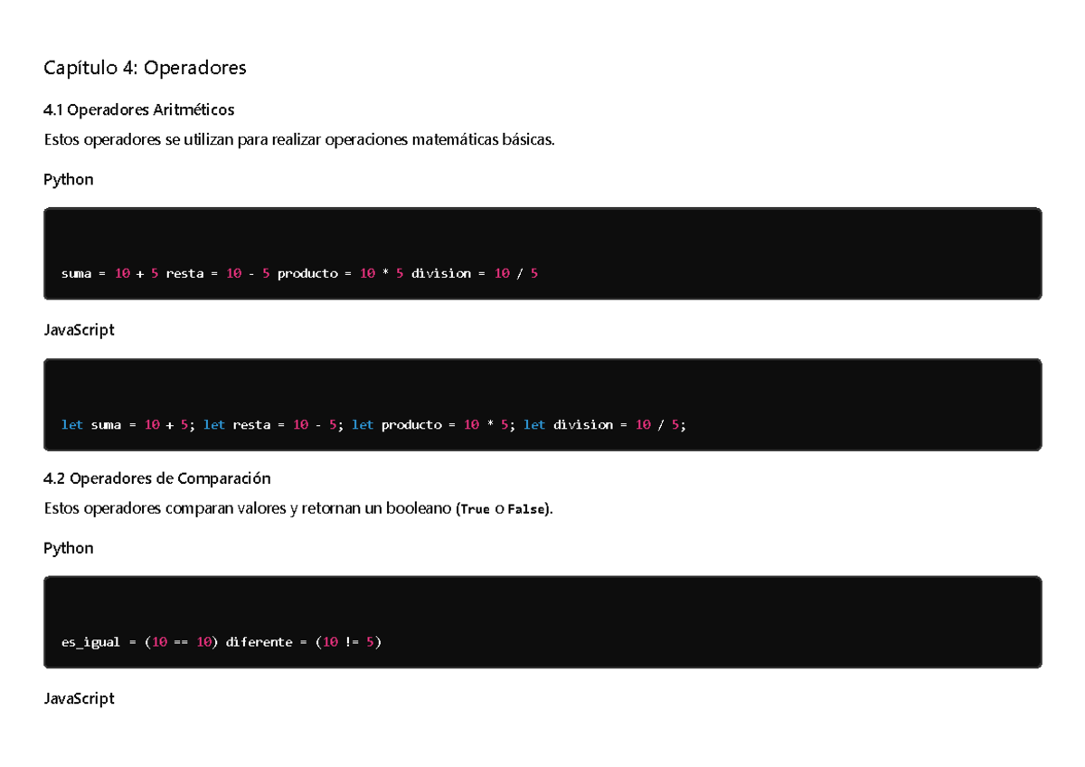 Capítulo 4 Operadores - Python suma = 10 + 5 resta = 10 - 5 producto ...