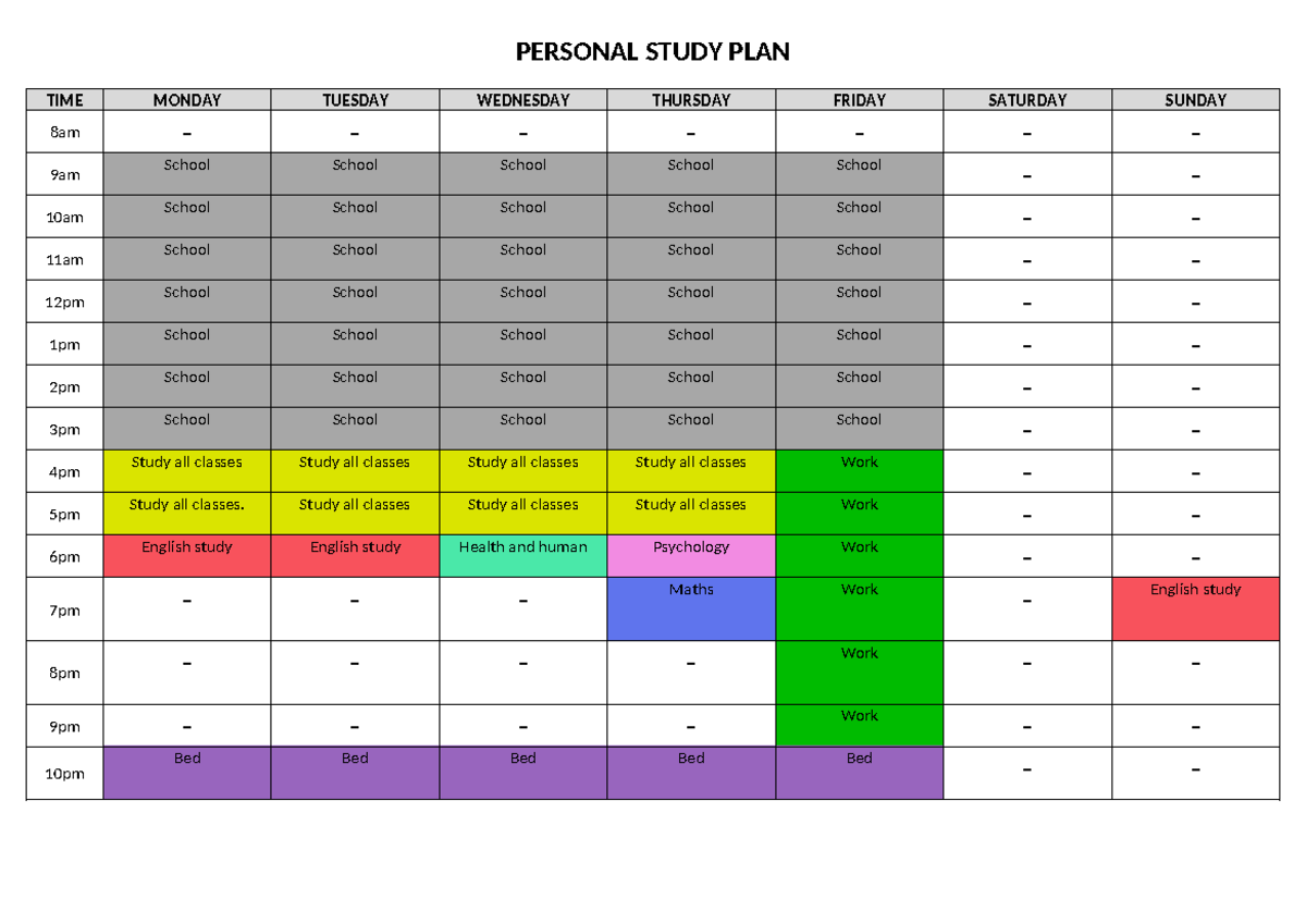 Personal Study Plan Template - PERSONAL STUDY PLAN TIME MONDAY TUESDAY ...