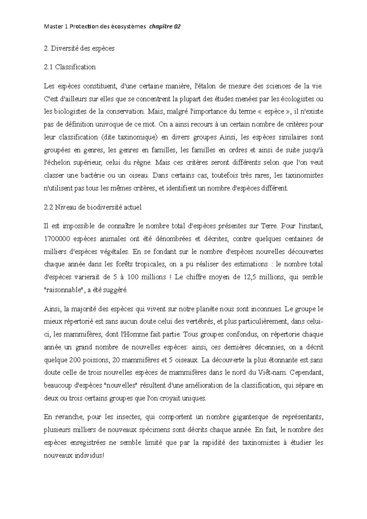 CHAP 02 - CHAP 02 - Master 1 Protection des écosystèmes chapitre 02 ...