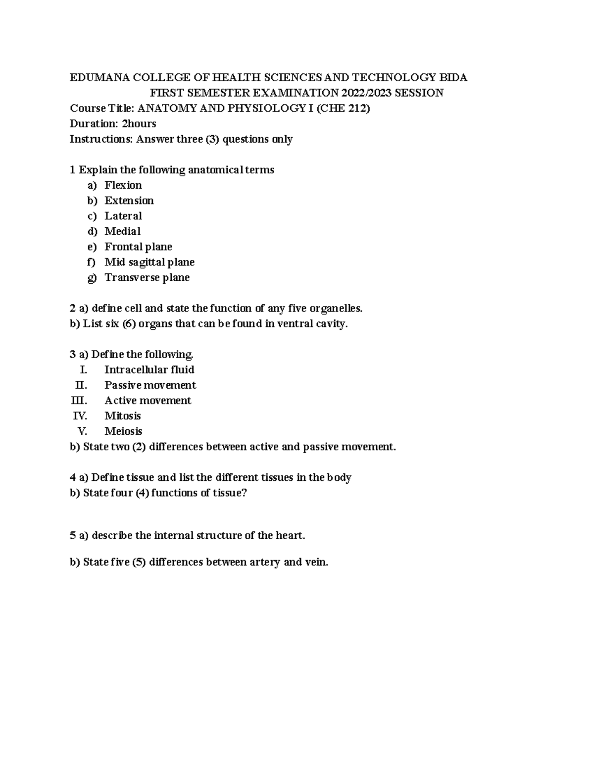 EXAM Question FOR CHE 212 - EDUMANA COLLEGE OF HEALTH SCIENCES AND ...