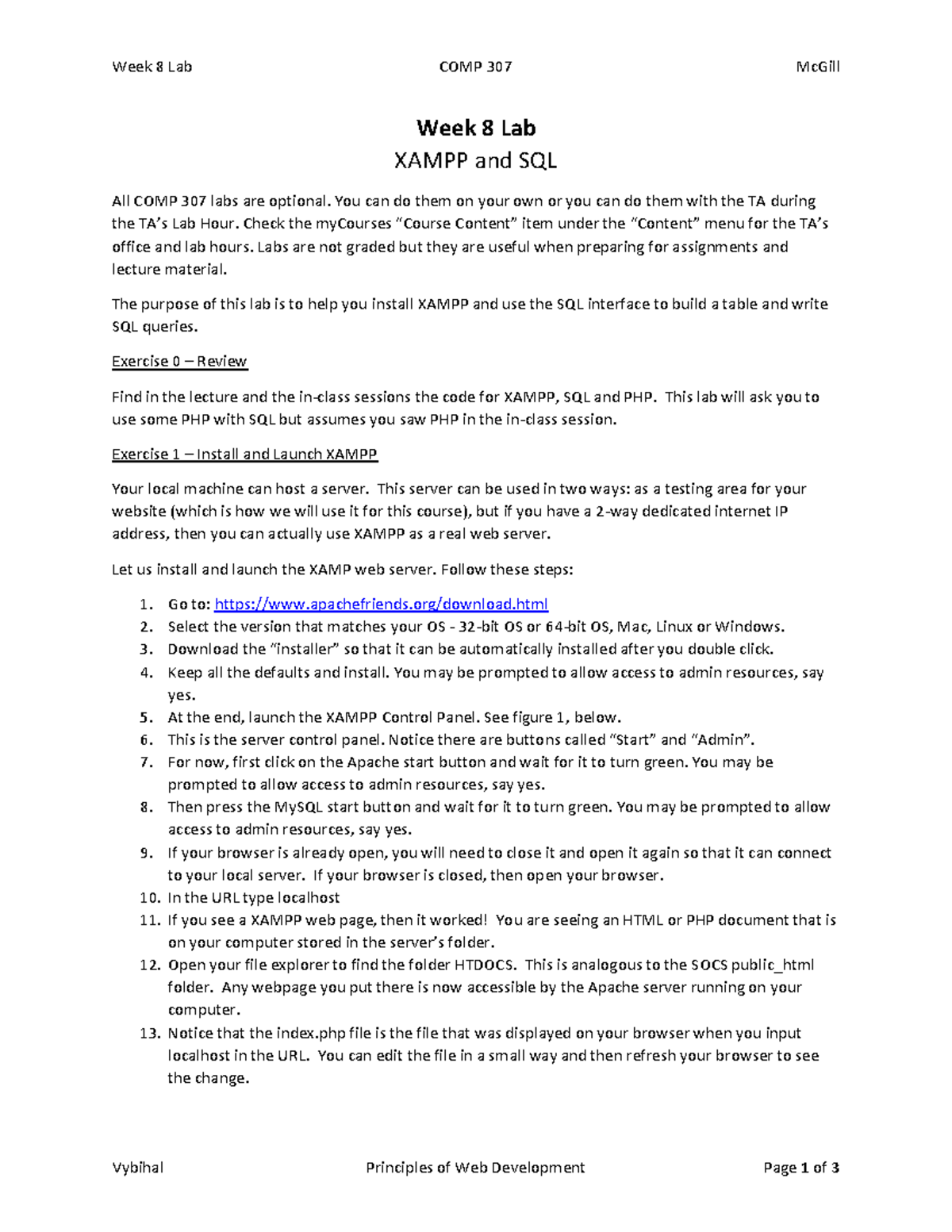 Week 8 Lab - Xampp and SQL - Week 8 Lab COMP 307 McGill Vybihal Principles of Web Development ...