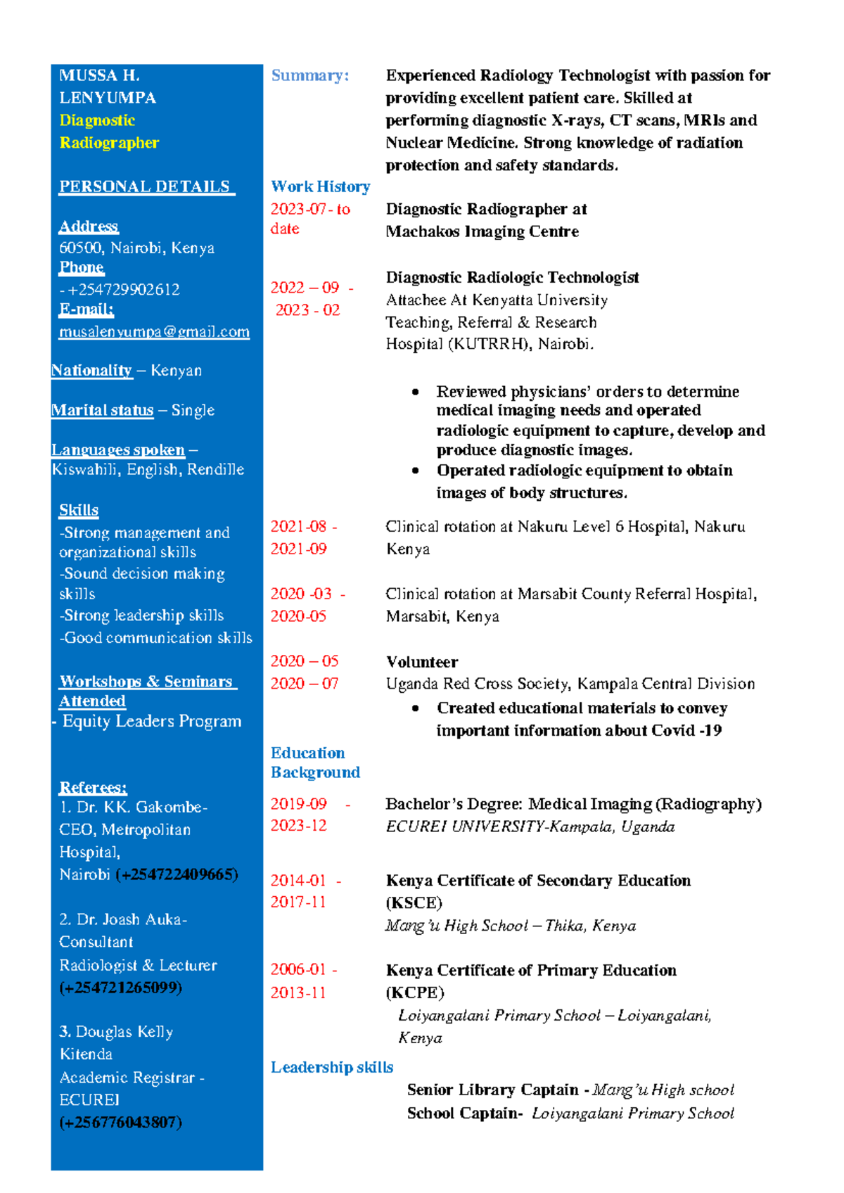 Mussa Hussein CV - MUSSA H. LENYUMPA Diagnostic Radiographer Summary ...