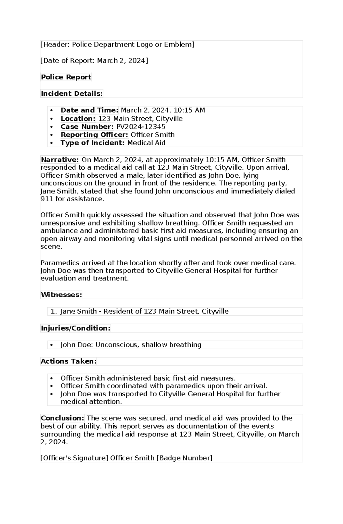 Sample - Casualty Ormedical AID Report - [Header: Police Department ...