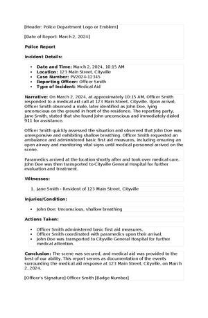 Sample - USE OF Force - Police Report - [Header: Police Department Logo ...