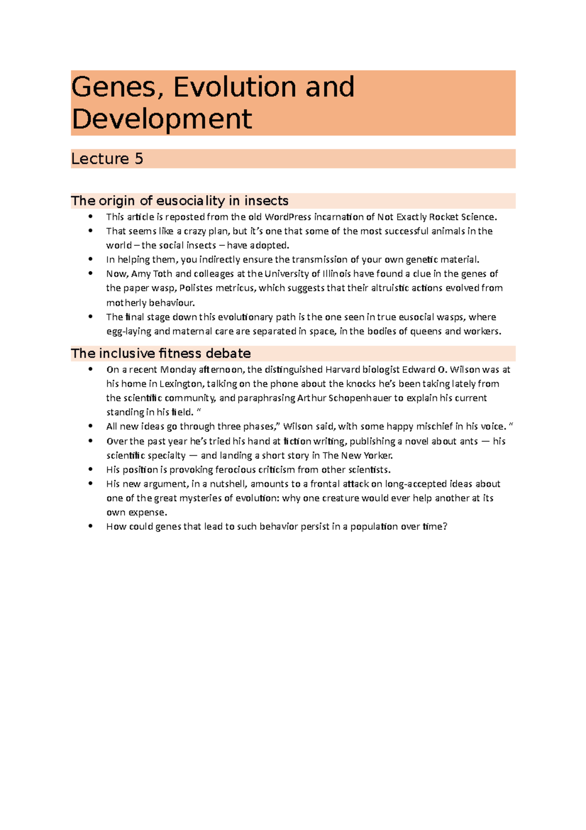 GED Lecture 5 additional reading summary - Genes, Evolution and ...