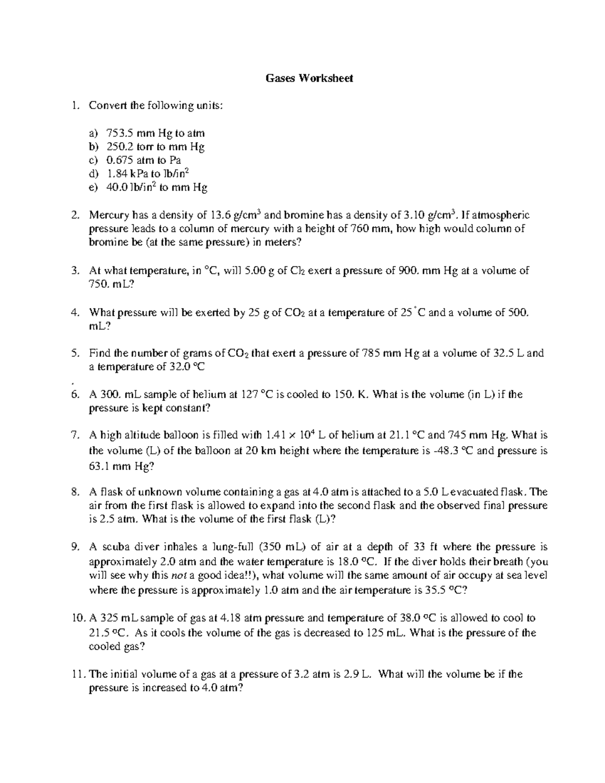 141 Gases Worksheet - Gases Worksheet Convert the following units: a ...