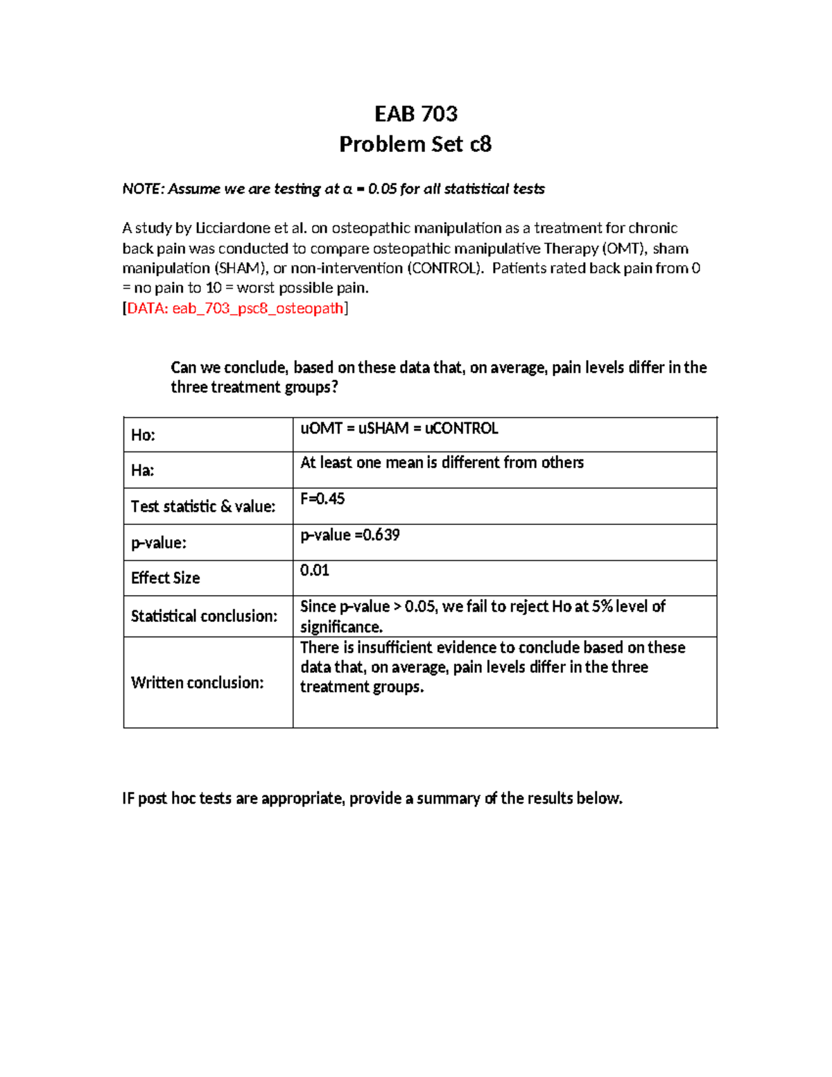 Eab 703 psc8 - EAB 703 Problem Set c NOTE: Assume we are testing at α ...