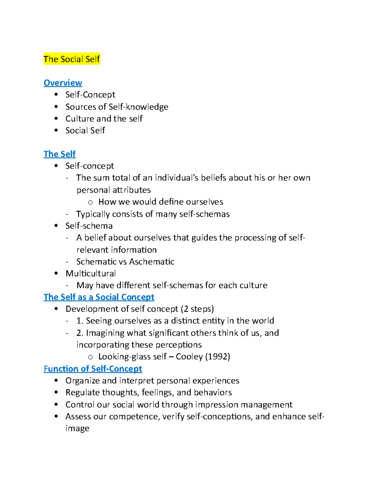 Chapter 3 - The Social Self Overview Self-Concept Sources of Self ...