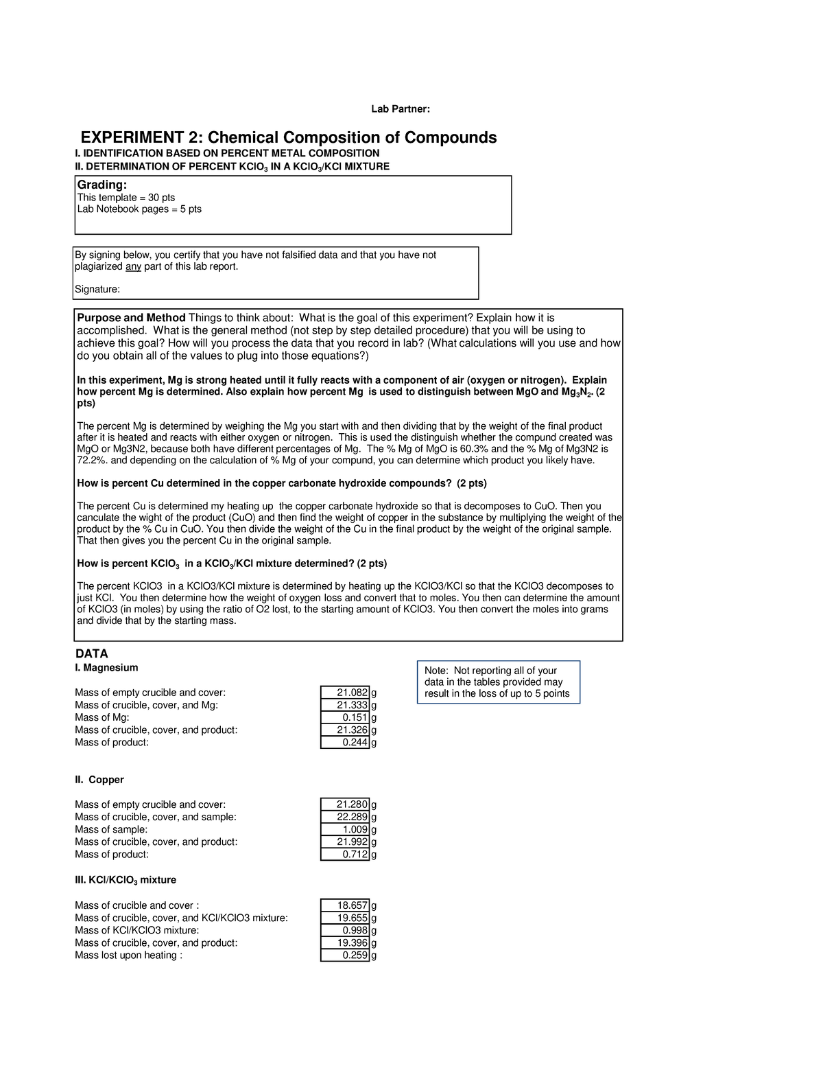 Lab 2 Write Up - CHEMISTRY - Lab Partner: EXPERIMENT 2: Chemical ...