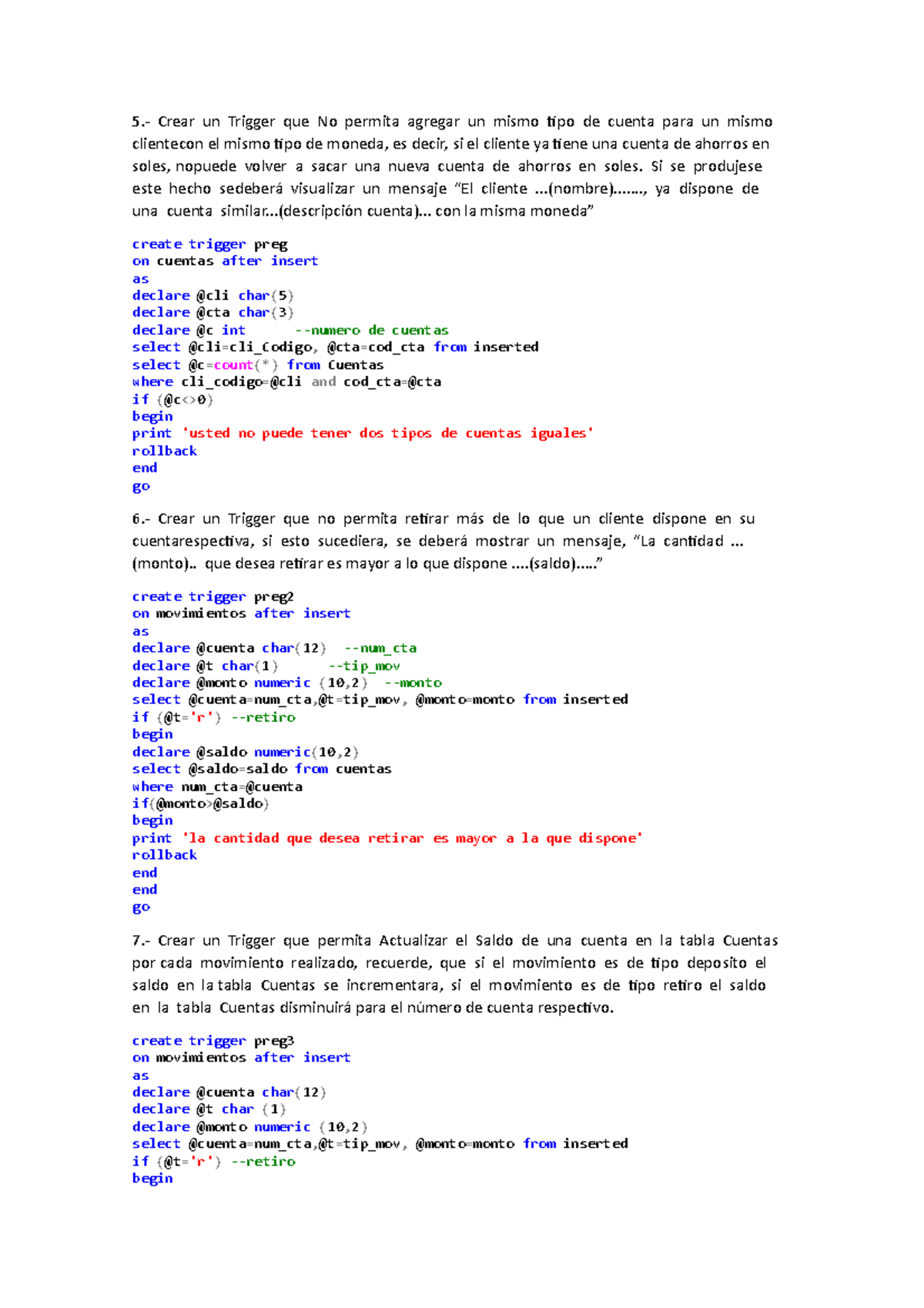 Tarea bdatos - Ejercicios resueltos de Trigger - 5.- Crear un Trigger que No permita agregar un ...