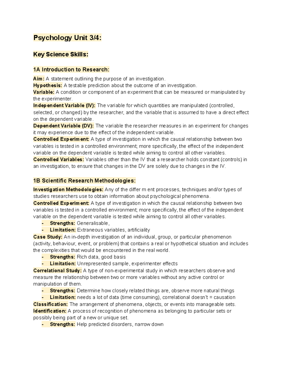 VCE Psychology Unit 3/4 Notes - Psychology Unit 3/4: Key Science Skills ...
