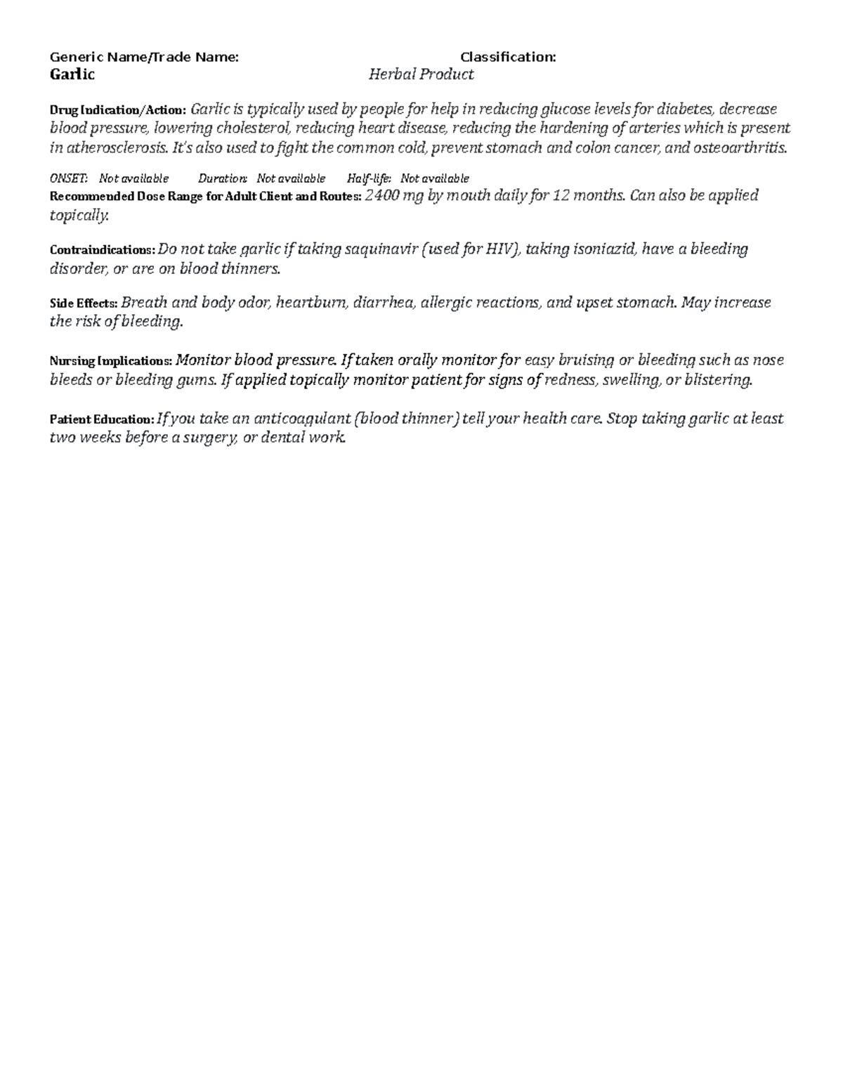 Garlic Med Card - Generic Name/Trade Name: Classification: Garlic ...