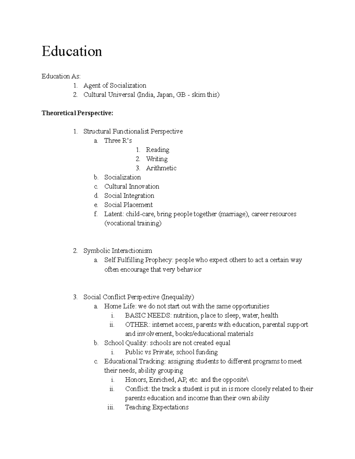 Unit 3 Outline 10 on Education - Education Education As: 1. Agent of ...