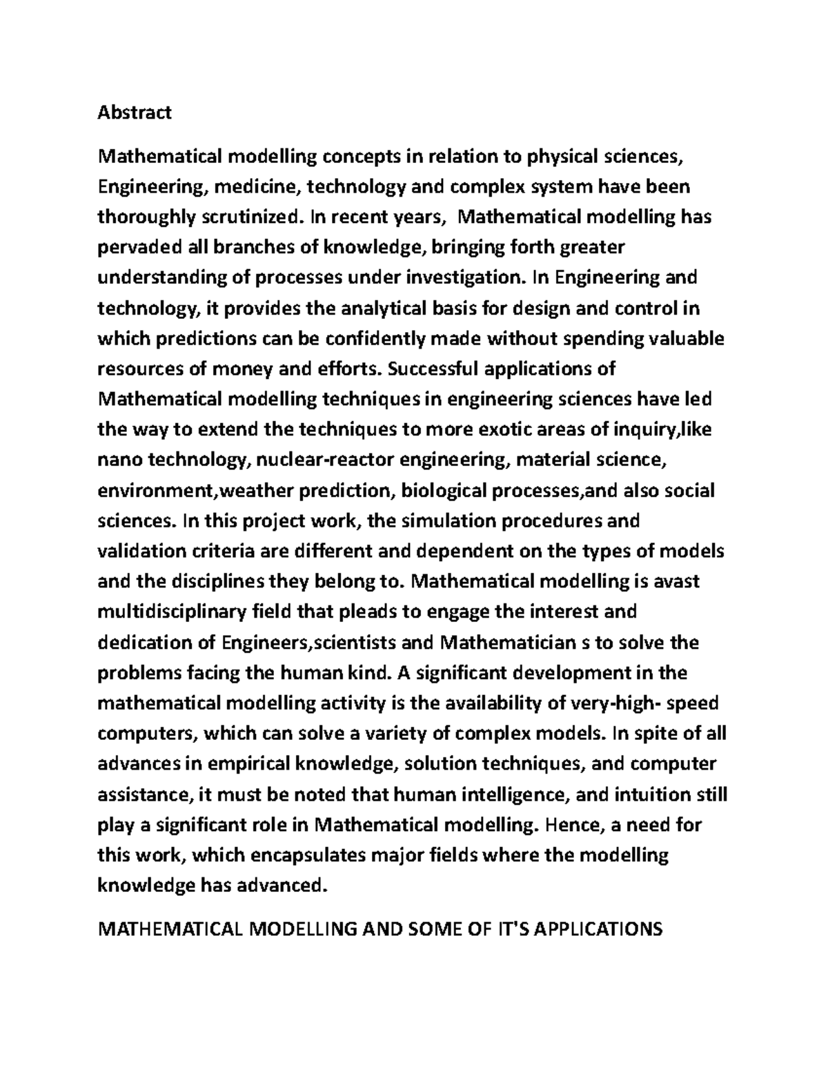project work on Mathematical modelling and it's applications 400L ...
