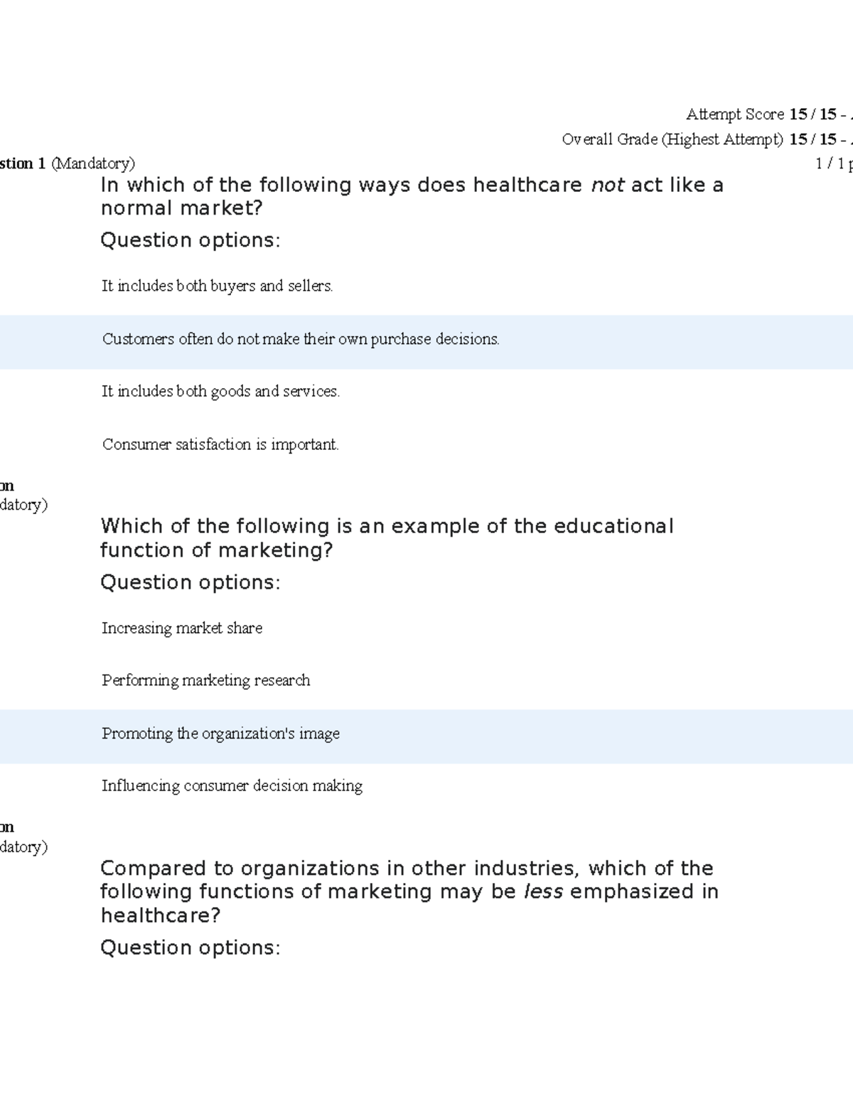 1-3 Quiz Healthcare Marketing - Attempt Score 15 / 15 - A Overall Grade ...