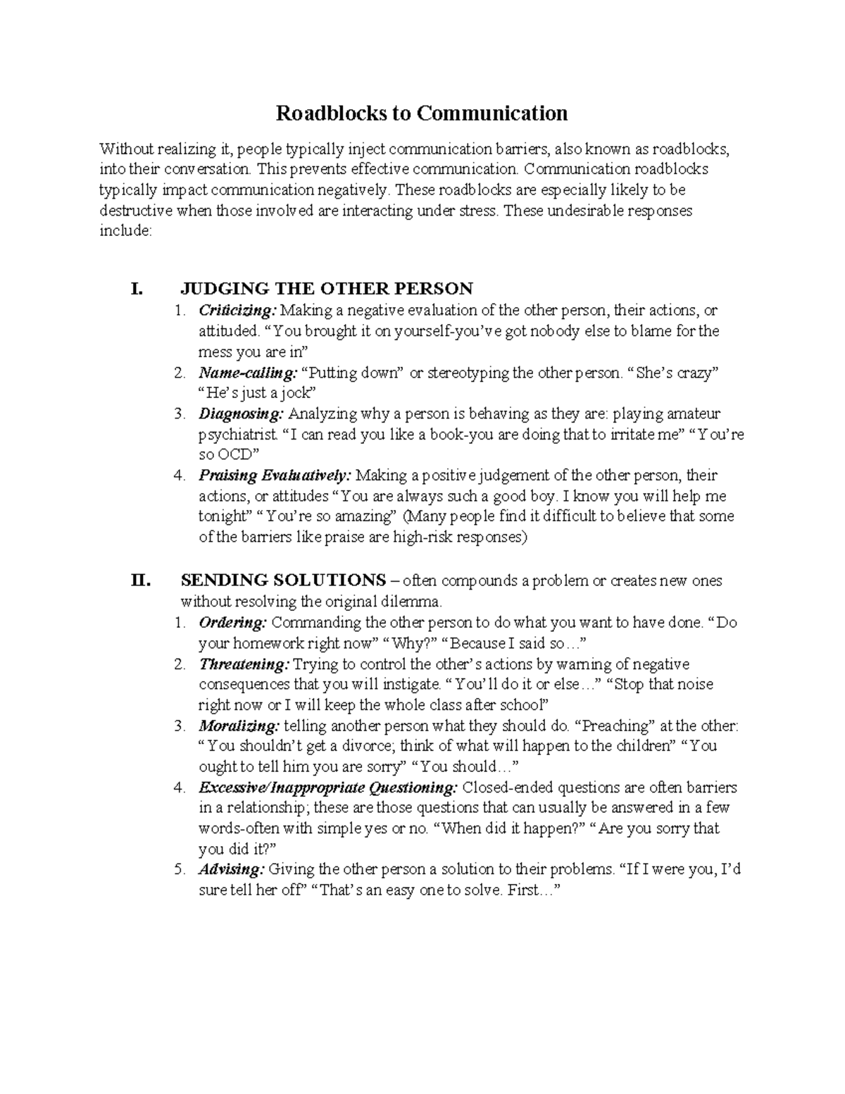 Roadblocks to Communication - Roadblocks to Communication Without ...