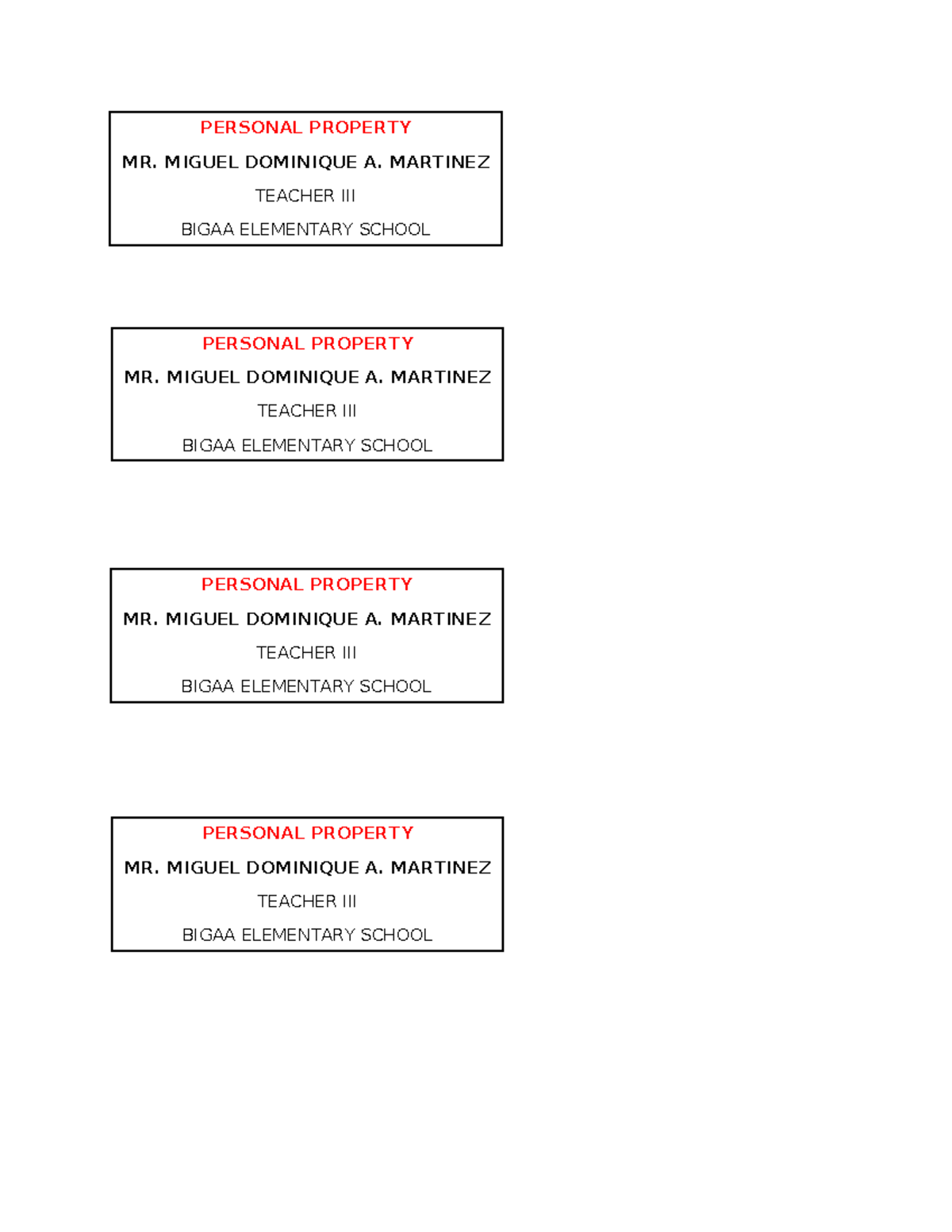 Personal Property Label - Education - PERSONAL PROPERTY MR. MIGUEL ...