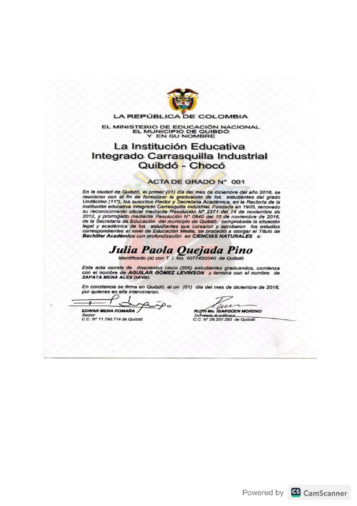 Diploma bachiller - miren y lean bien - LA REPUBLICA DE COLOMBIA EL ...