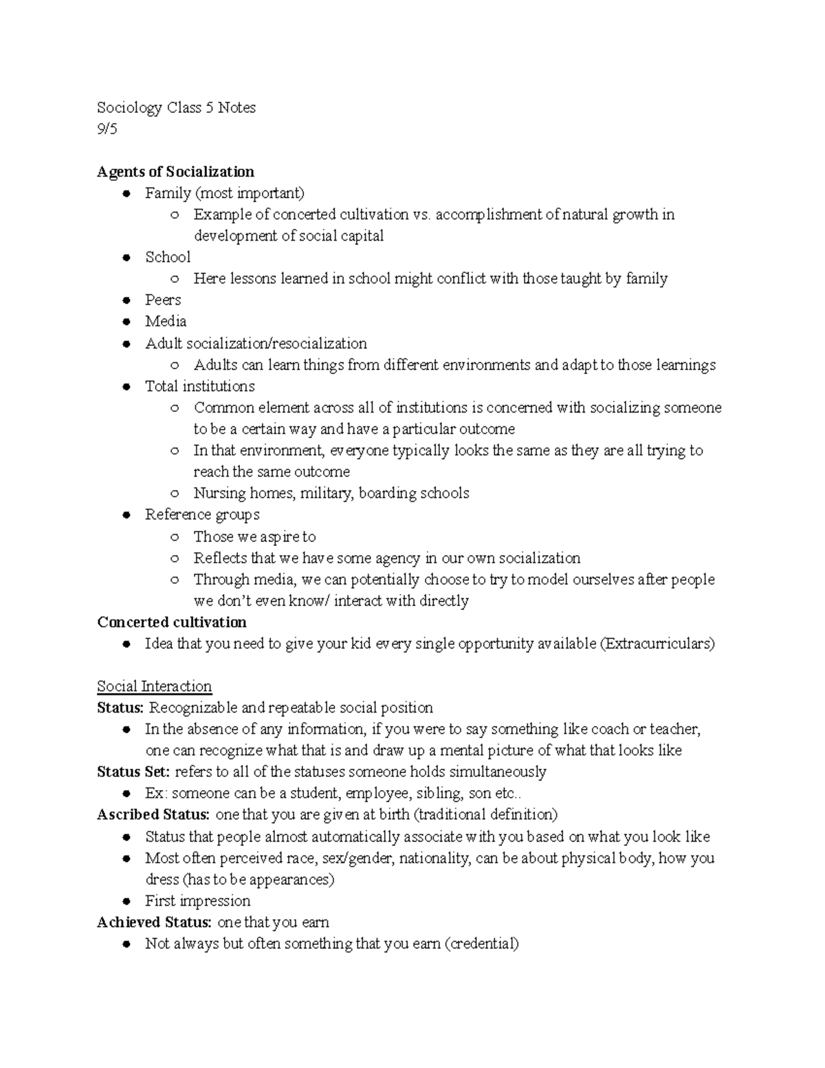 Sociology Running Notes - Sociology Class 5 Notes 9/ Agents of ...