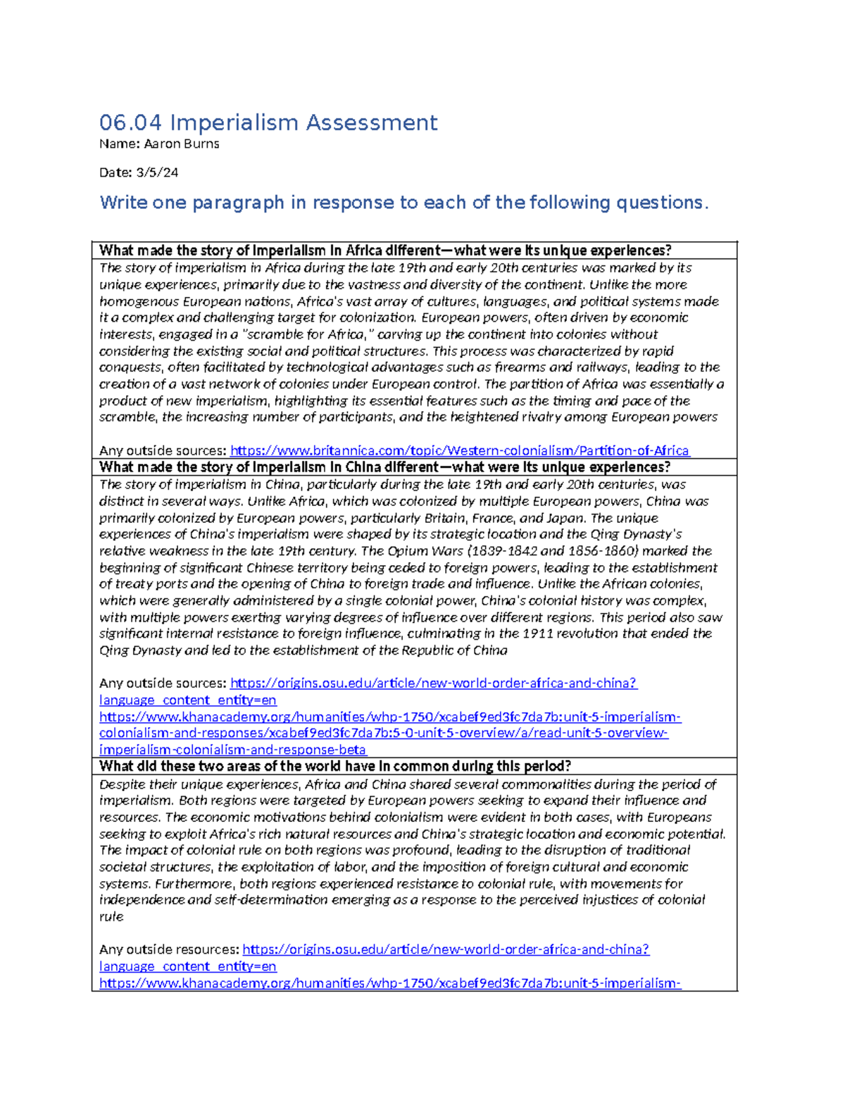 Imperialism wh yourname - 06 Imperialism Assessment Name: Aaron Burns ...