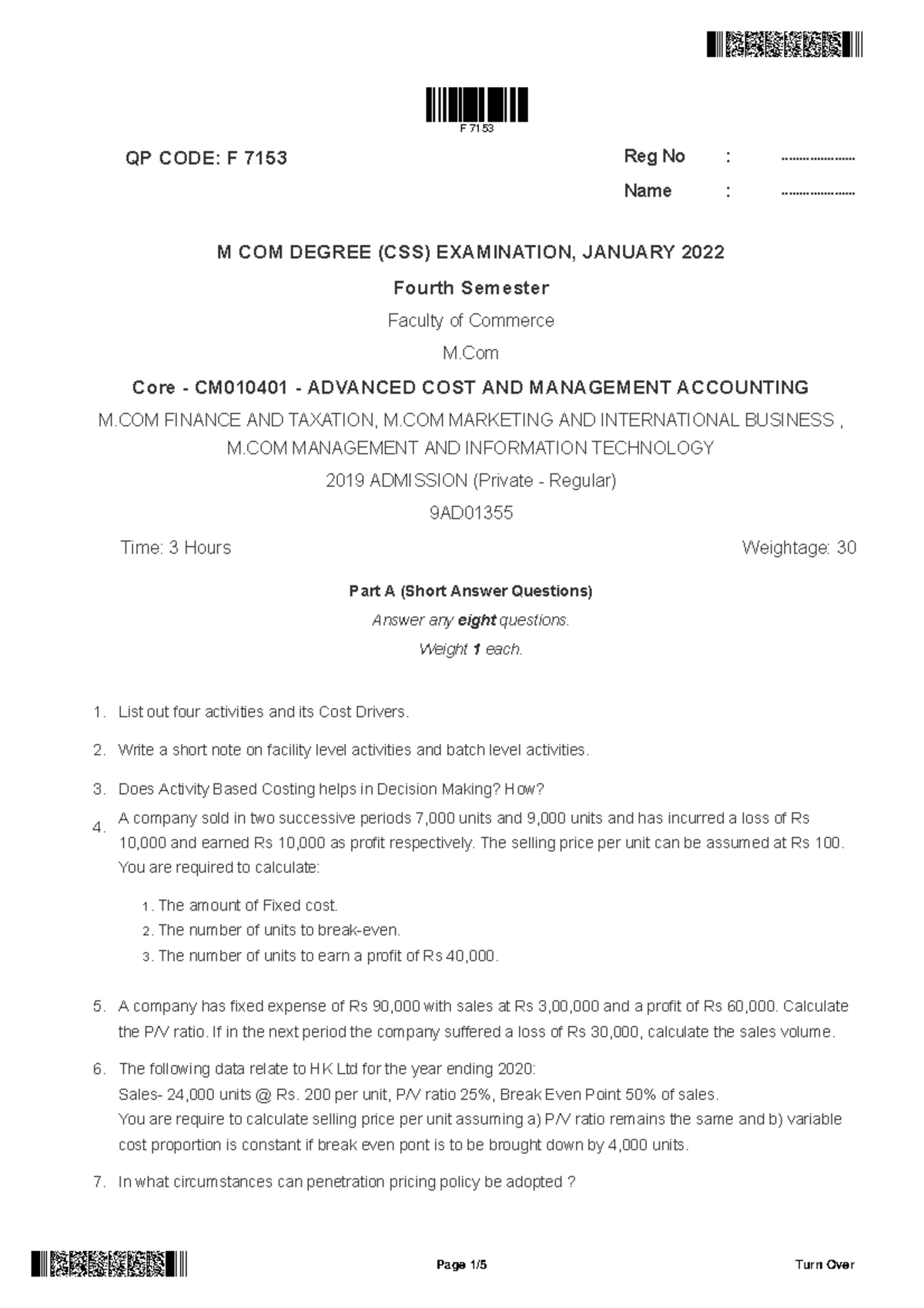 7153 - Key - QP CODE: F 7153 Reg No : ..................... Name : ..................... M COM ...