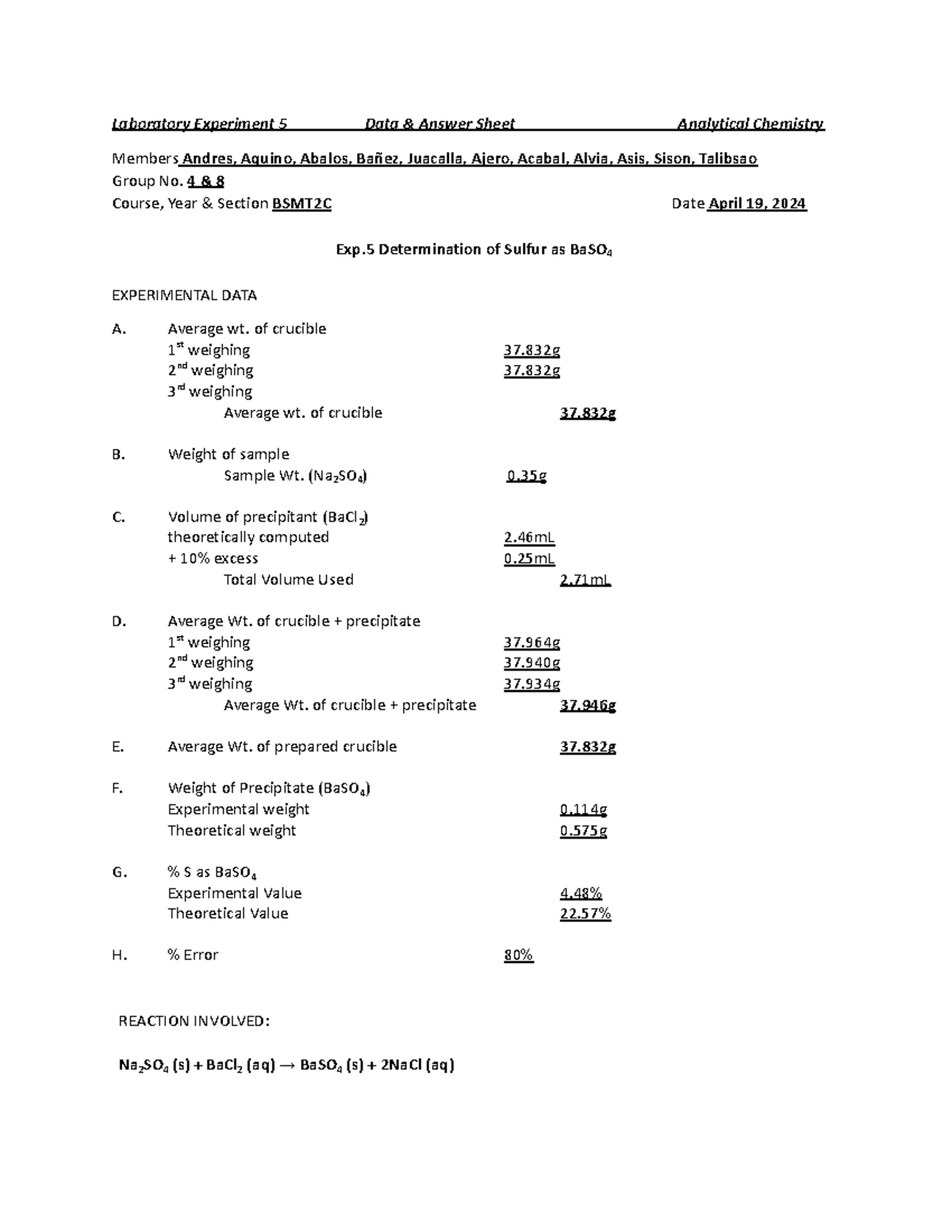 Anachem and chem - Laboratory Experiment 5 Data & Answer Sheet ...