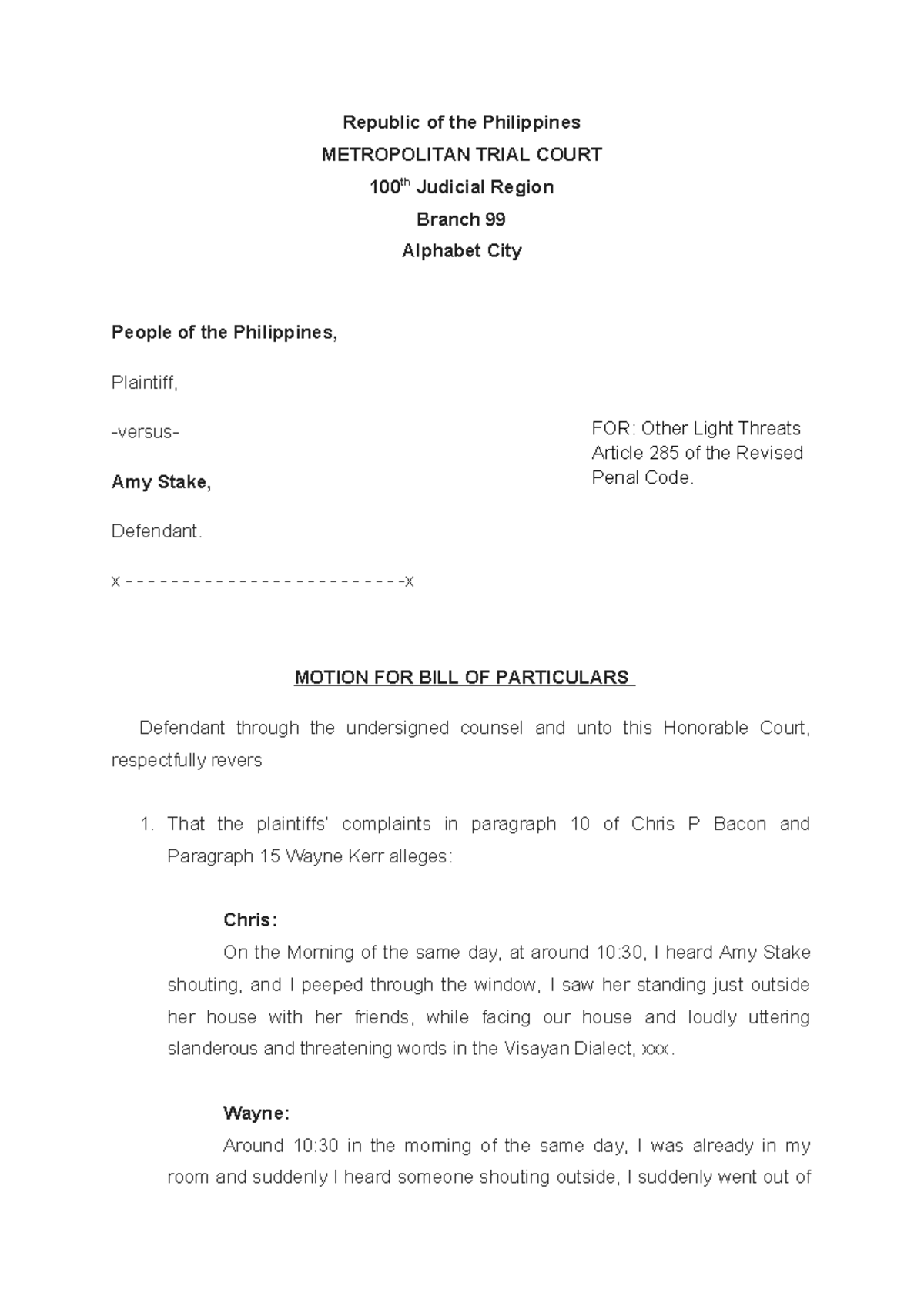 Sample BILL OF Particulars - Republic of the Philippines METROPOLITAN ...