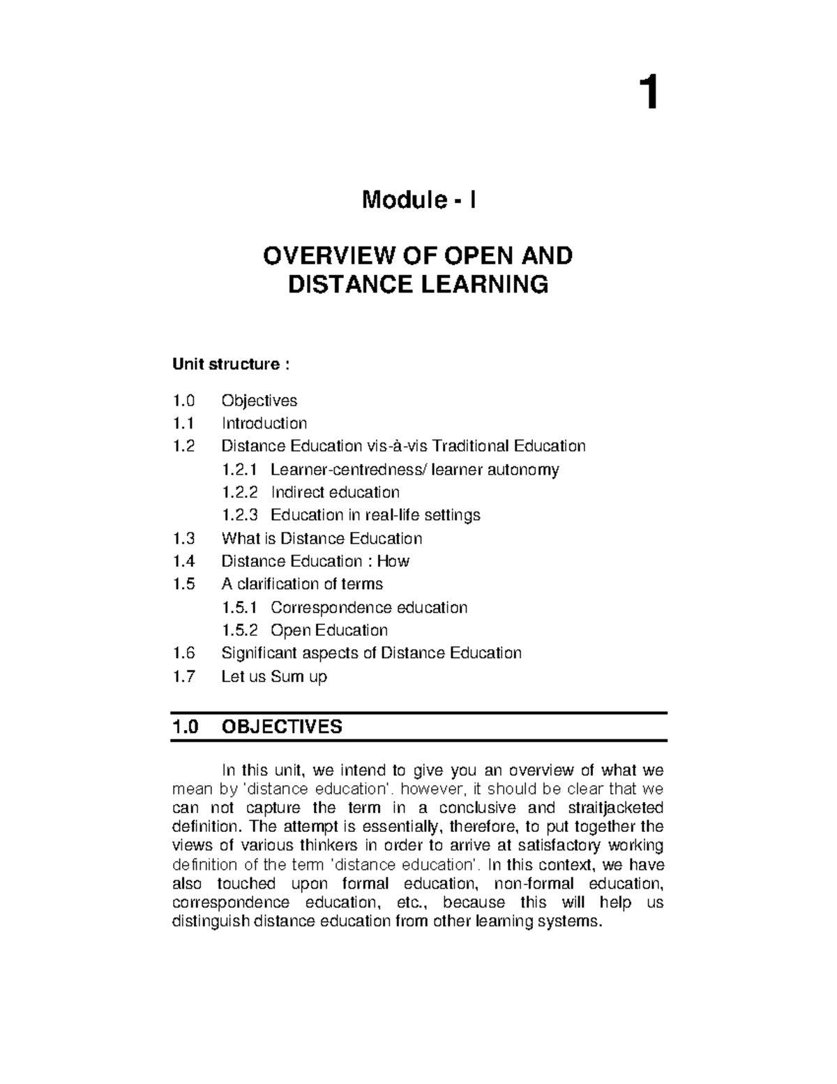 M.A. Edu. ODL. distance education - Module - I OVERVIEW OF OPEN AND DISTANCE LEARNING Unit ...