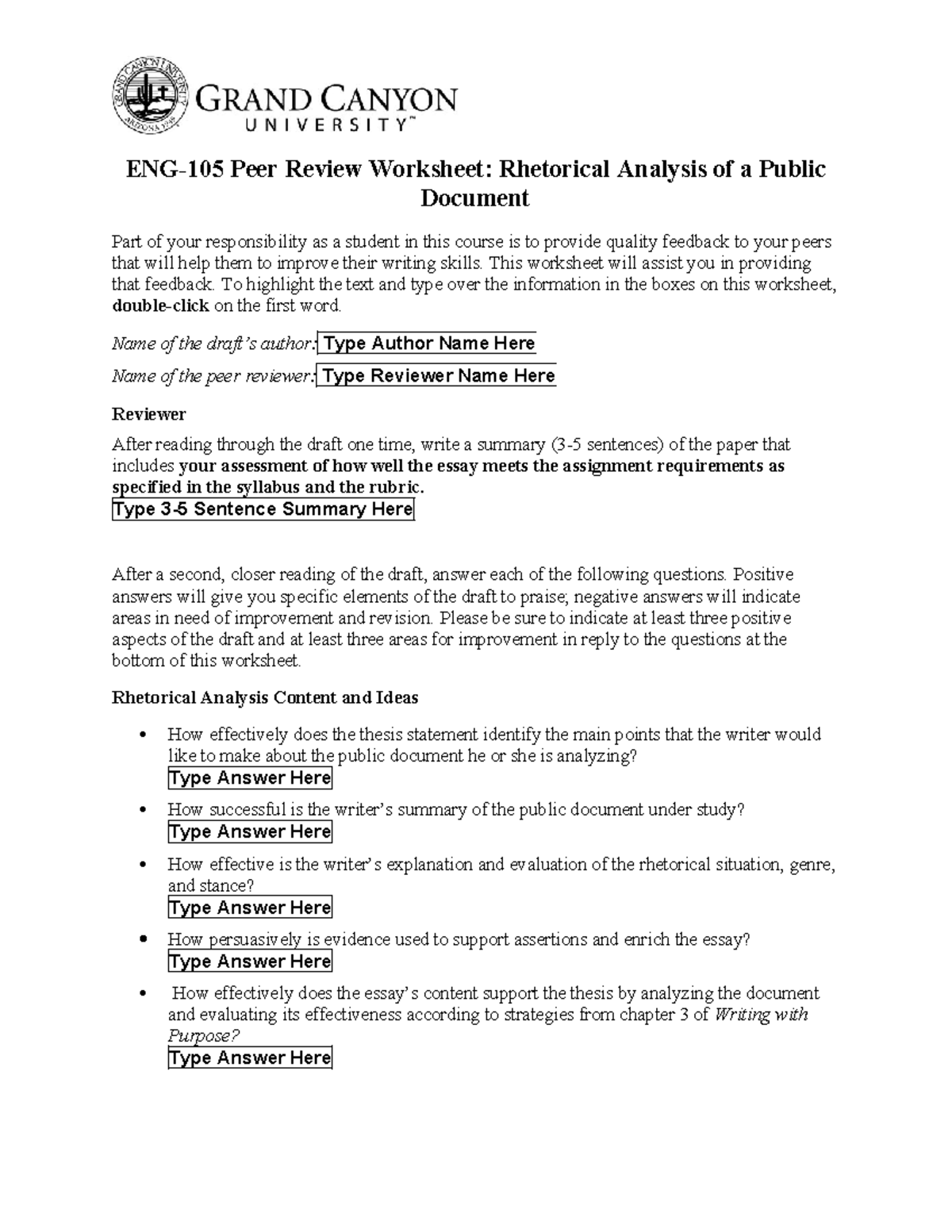 ENG-105-RS-Rhetorical Analysis Peer Review Worksheet Online - ENG-105 ...