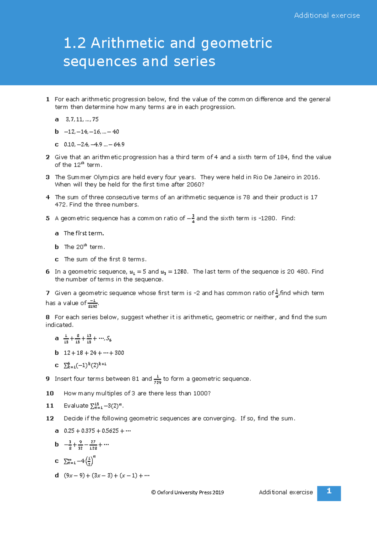 Revision - A - © Oxford University Press 2019 Additional exercise 1 1 For each arithmetic - Studocu