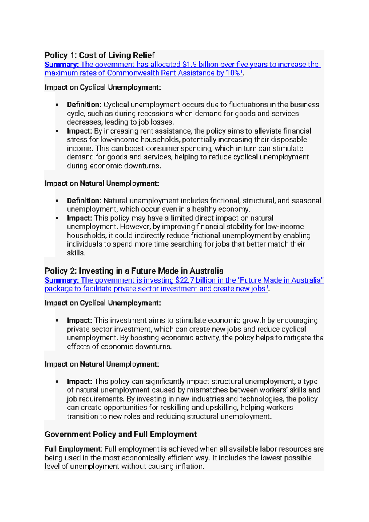 Policies - notes - Policy 1: Cost of Living Relief Summary: The ...