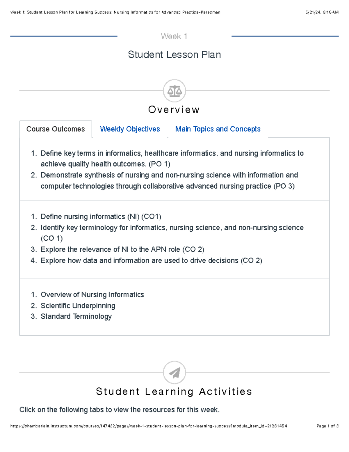 Week 1: Student Lesson Plan for Learning Success: Nursing Informatics ...