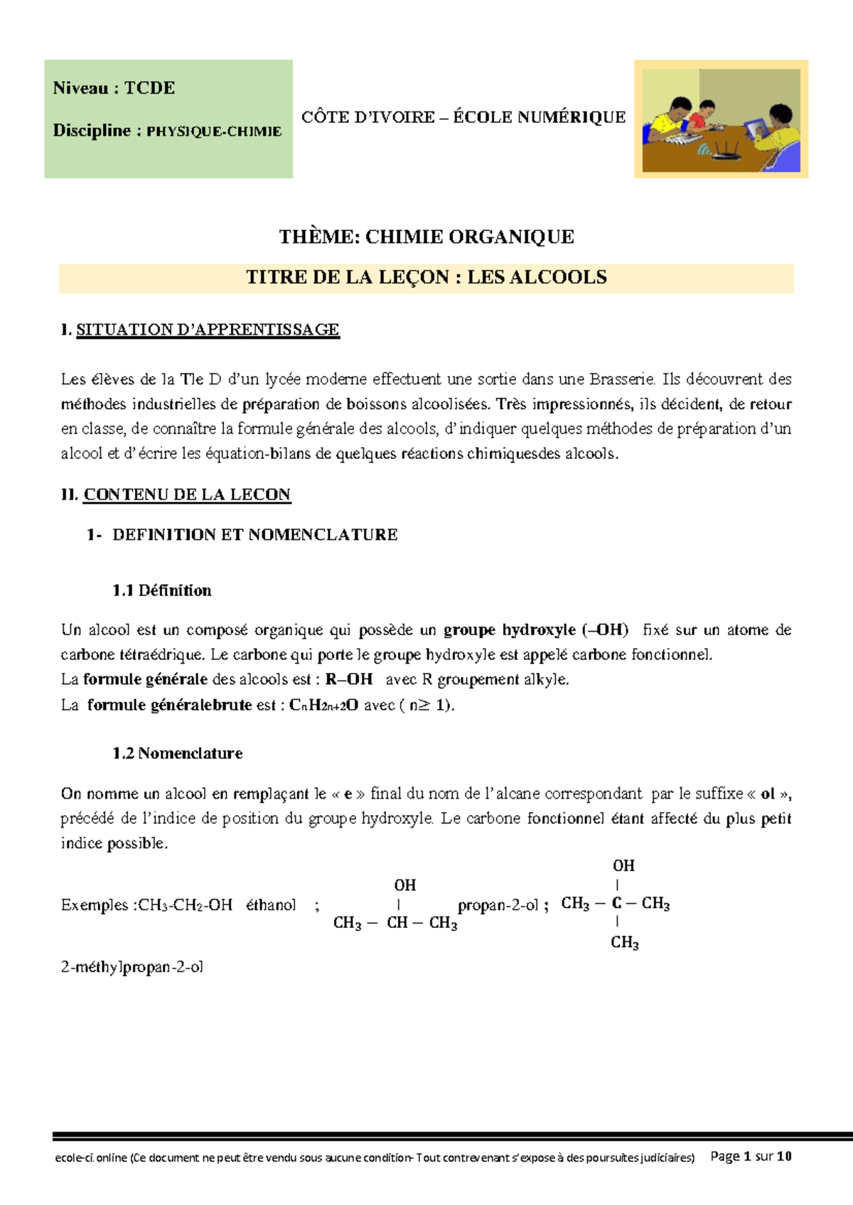 Tle D CH L1 Les alcools - Un très bon cours - Niveau : TCDE Discipline ...