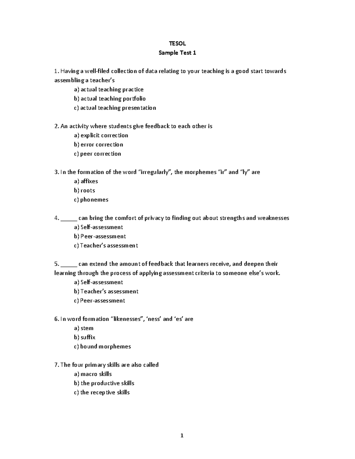 Tesol Sample Test 1 - TESOL Sample Test 1 Having a well-filed ...